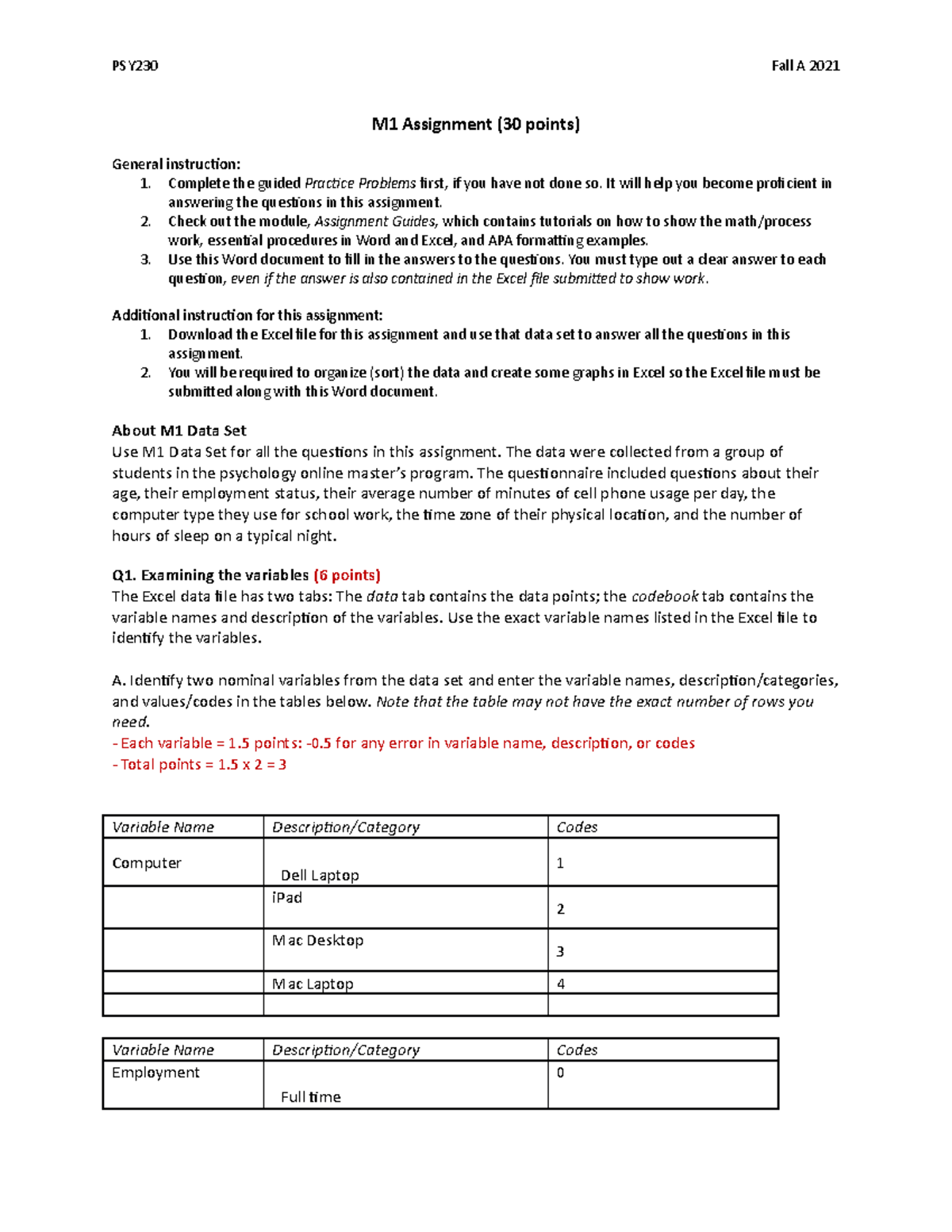 Psy 230 m1 Assignment - PSY230 Fall A 2021 M1 Assignment (30 points ...