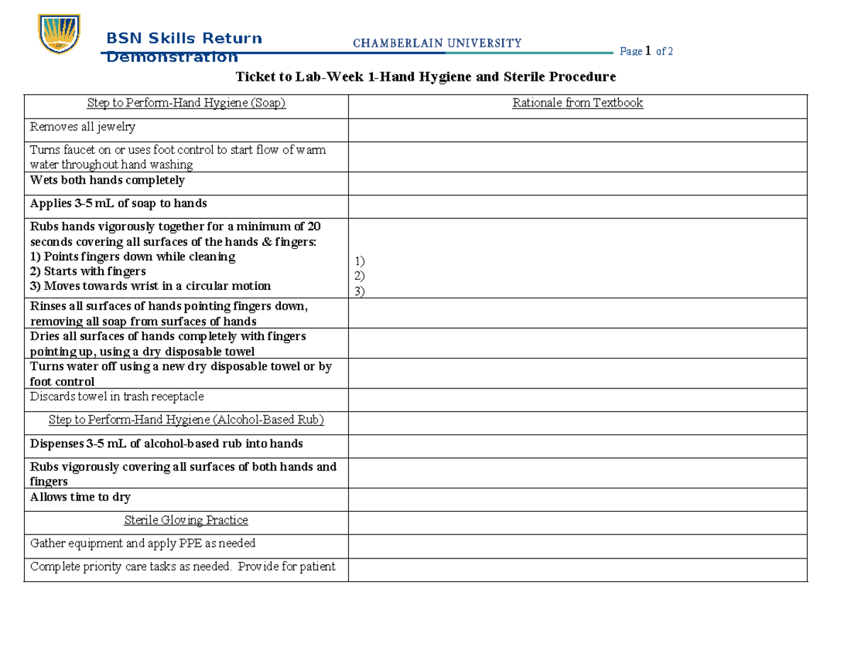 Week 1-Ticket to Lab-Hand Hygiene & Sterile Procedure - BSN Skills ...