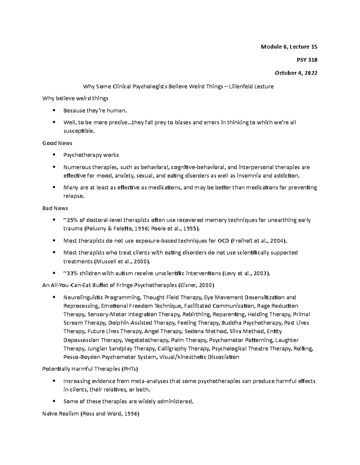 Module 6 - Lilienfeld Lecture - Module 6, Lecture 15 PSY 318 October 4 ...