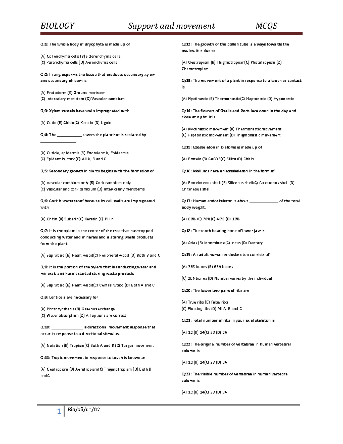 Chapter No 2 support and movement - Zoology/Botany/Physiology/Fresh ...