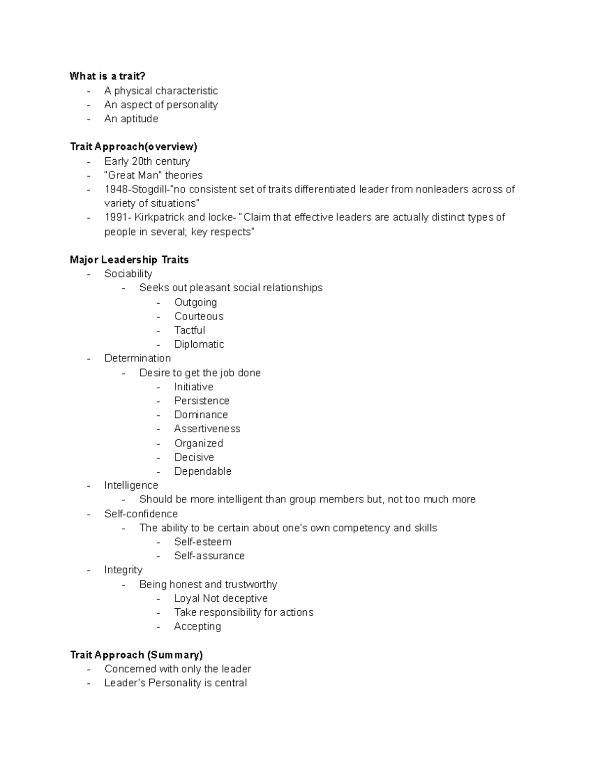 Intro To Org Leadership Chapter 2 Trait Approach What Is A Trait A Physical