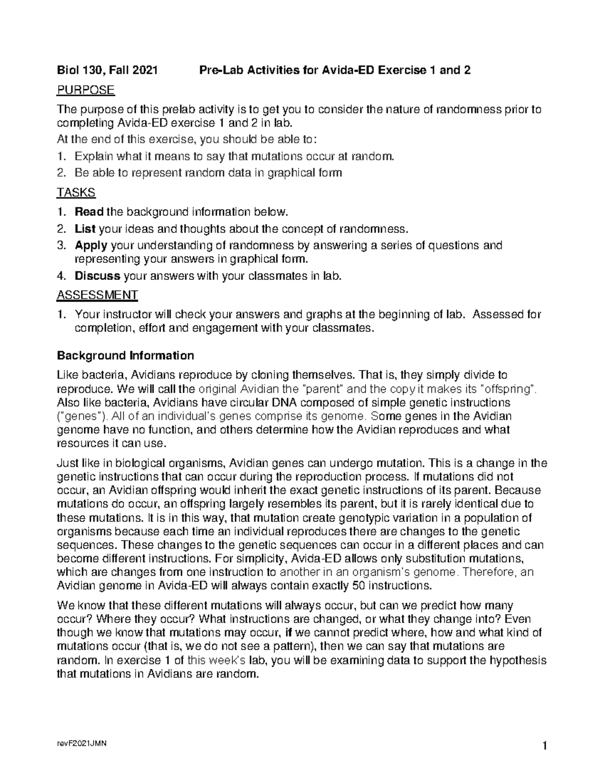 Avida-Ed Exercise 1 & 2 Prelab 2 - Biol 130, Fall 2021 Pre-Lab Activities for Avida-ED Exercise ...