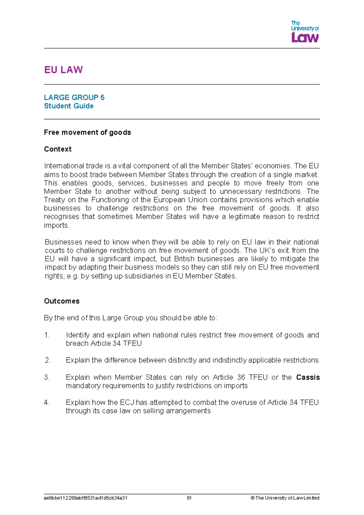 2324 eu lg05 ce01 student guide - EU LAW LARGE GROUP 5 Student Guide Free movement of goods ...