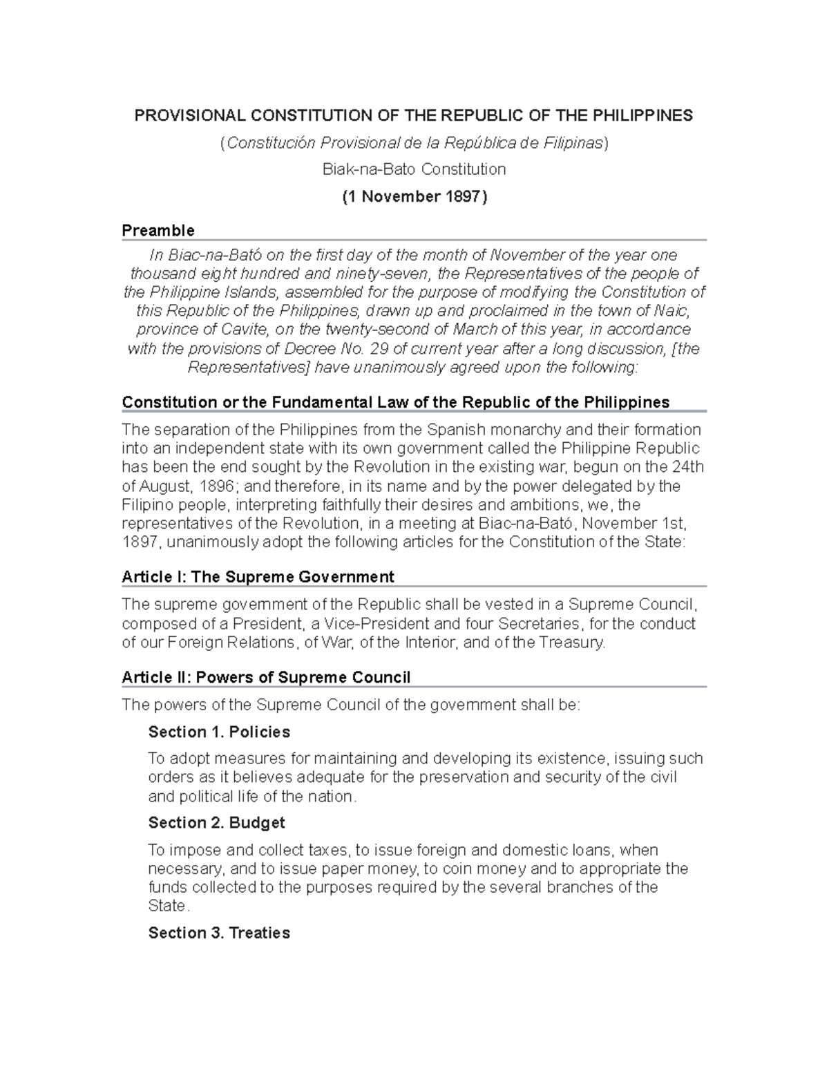 RPH 1897 Biak-na-Bato Constitution-1 - PROVISIONAL CONSTITUTION OF THE ...