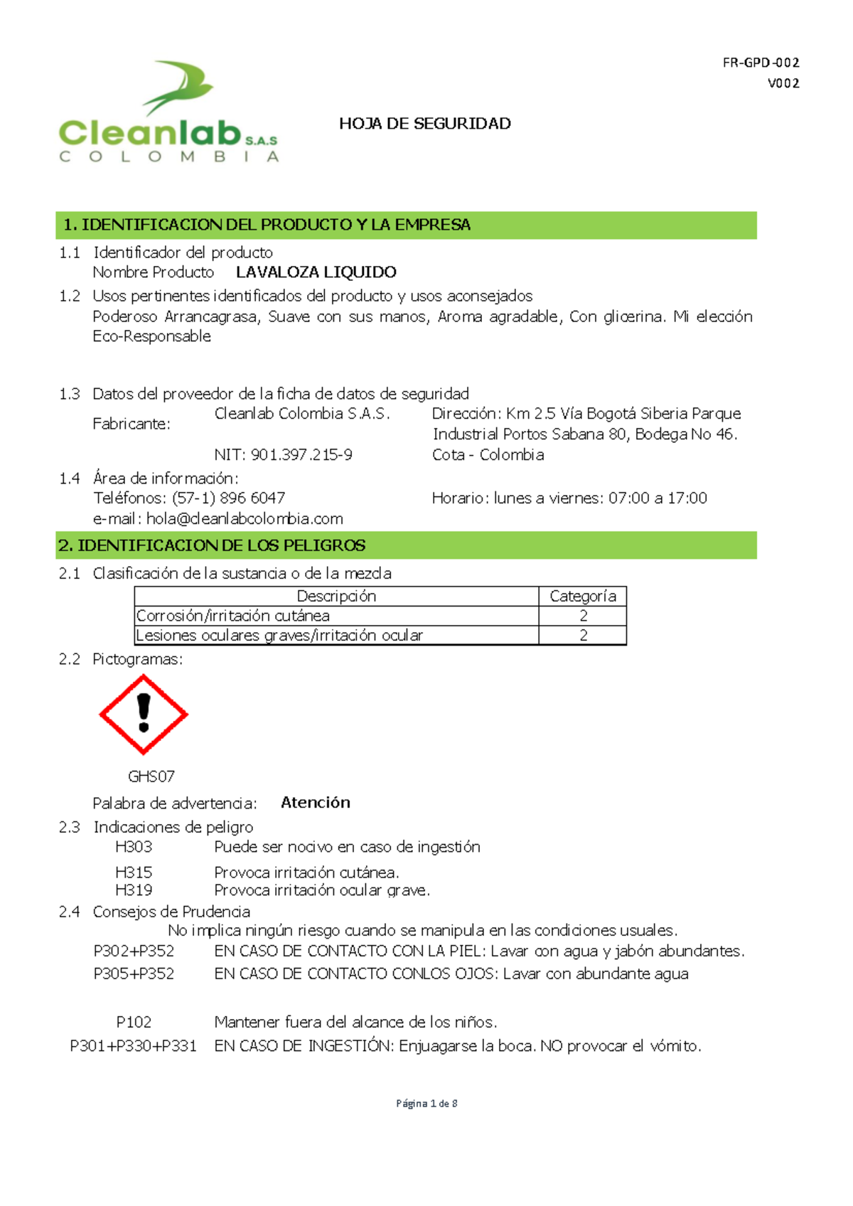 HDS LAVA LOZA Liquido (1) - HOJA DE SEGURIDAD V 1 Identificador del ...