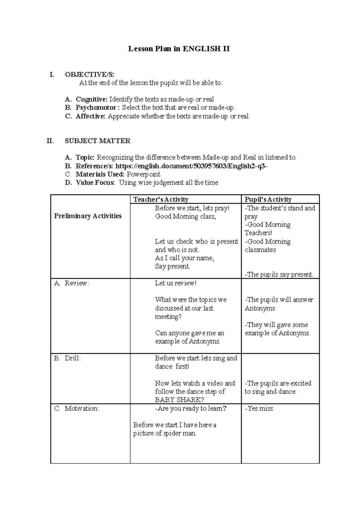 Lesson Plan in English II - Lesson Plan in ENGLISH II I. OBJECTIVE/S ...