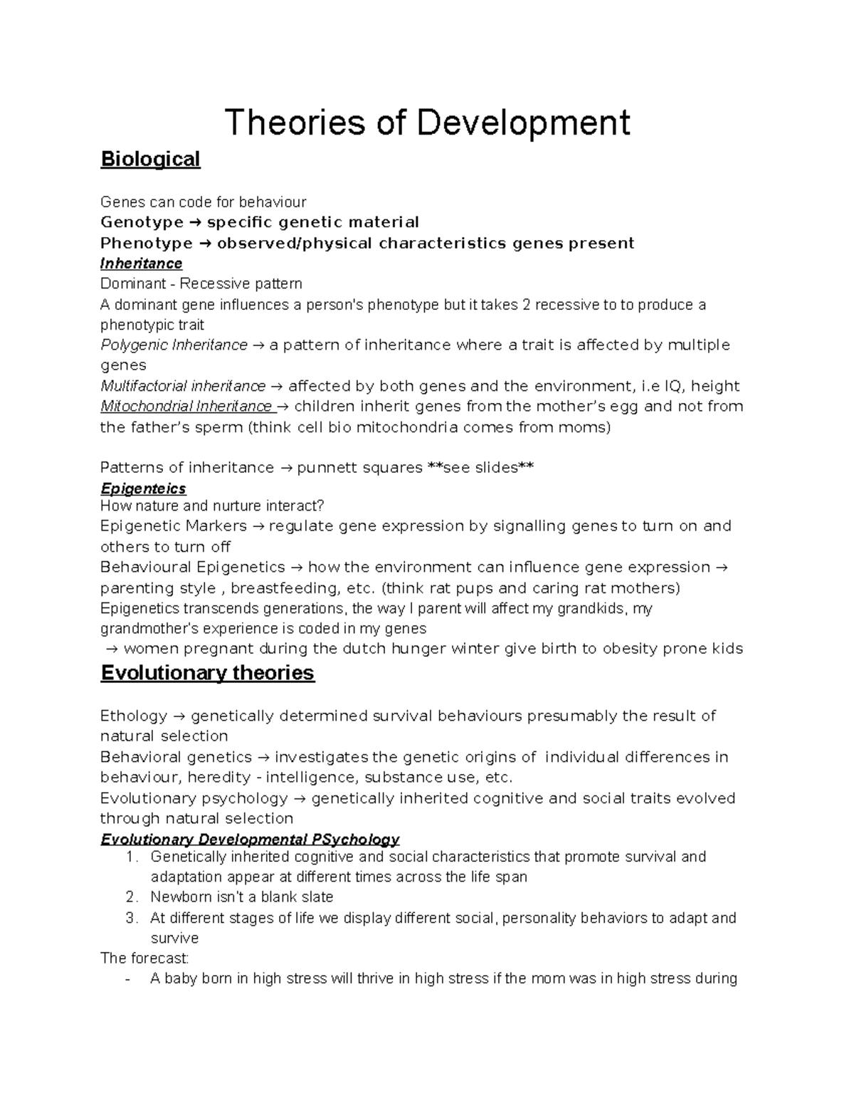 Psy 2114 - Theories of Development - Theories of Development Biological ...