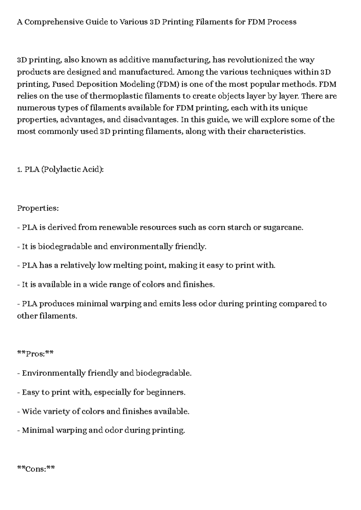 A Comprehensive Guide to Various 3D Printing Filaments for FDM Process ...