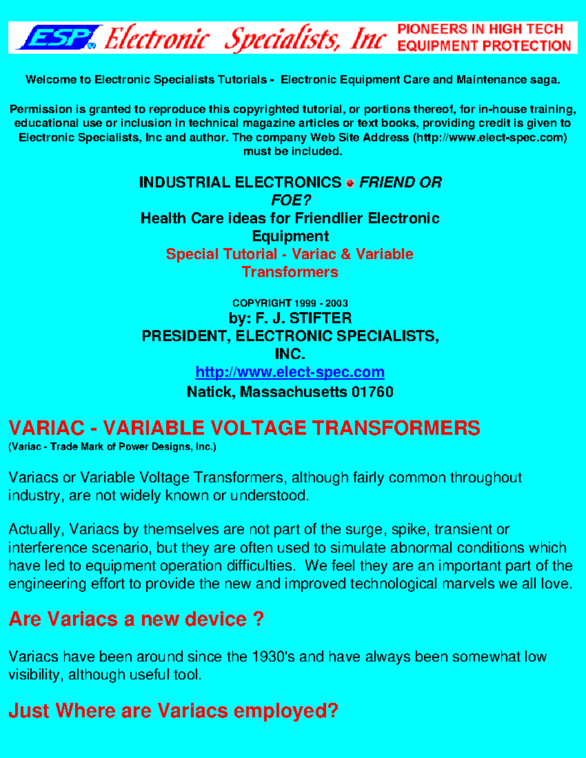 Variacs - Variac Information - Welcome to Electronic Specialists ...