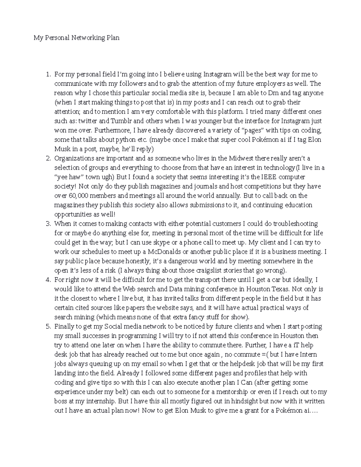 3.0 networking plan assigment - My Personal Networking Plan For my ...