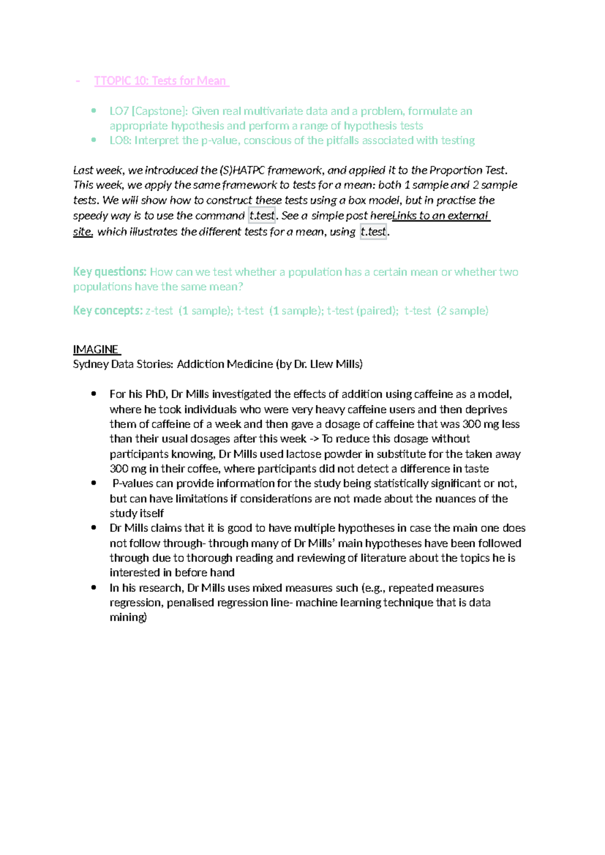 T10 Tests For Mean Ttopic 10 Tests For Mean Lo7 [capstone] Given