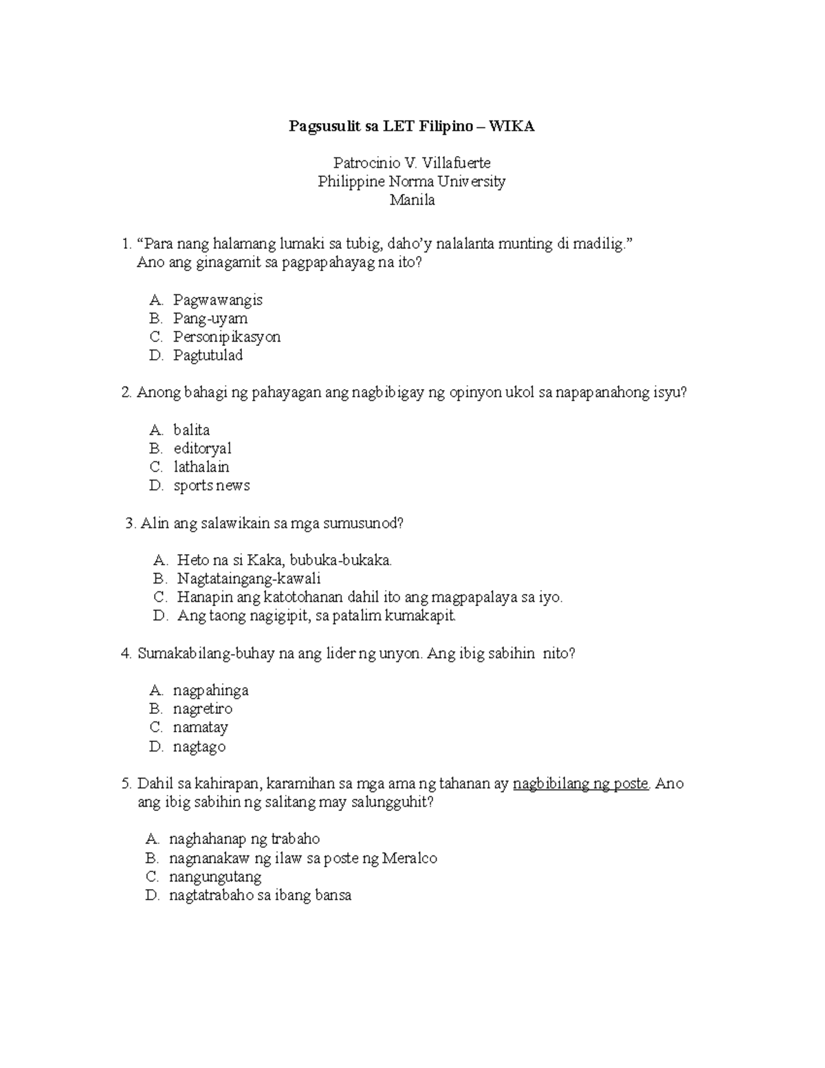 Pagsusulit sa LET Filipino WIKA - Pagsusulit sa LET Filipino – WIKA ...