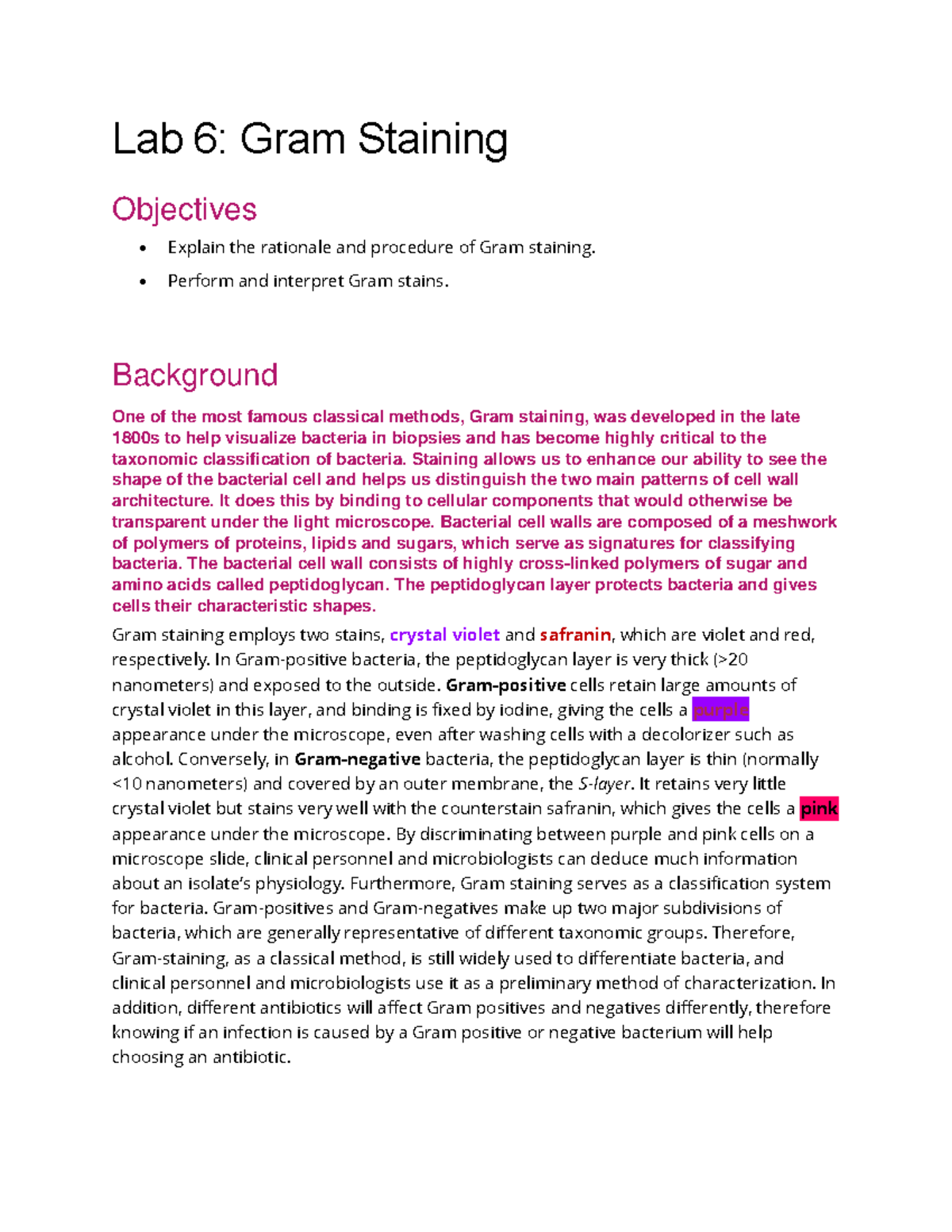 Lab 6 - Report Gram Staining - Lab 6: Gram Staining Objectives Explain ...