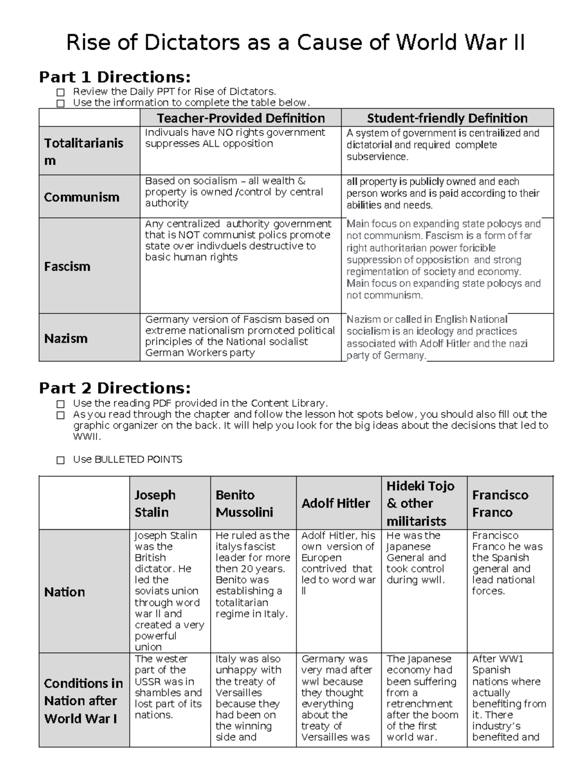 Rise of Dictators mine - Graphic Organizer 1 - Rise of Dictators as a ...