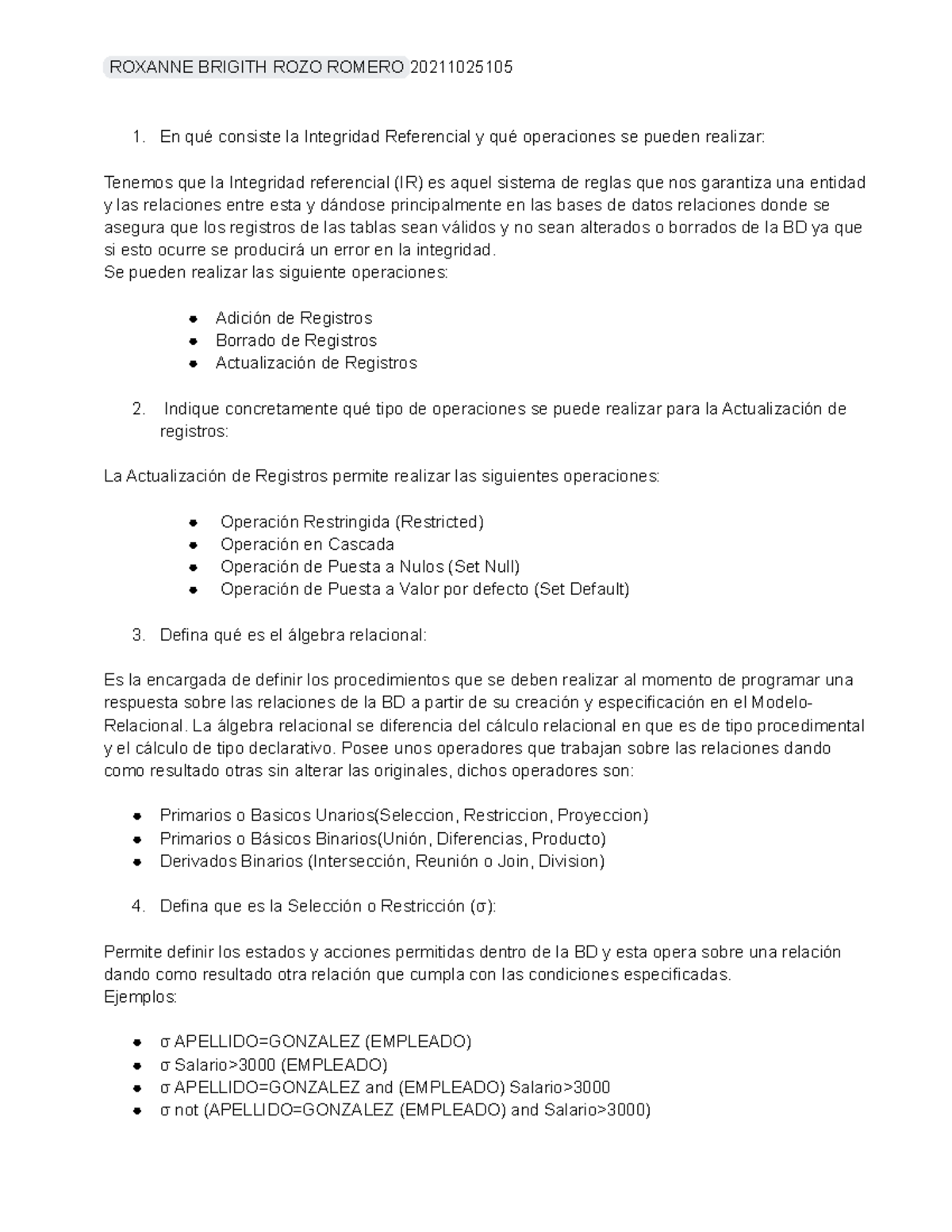 Taller Integridad Referencial, Algegra Relacional, Calculo Relacional ...