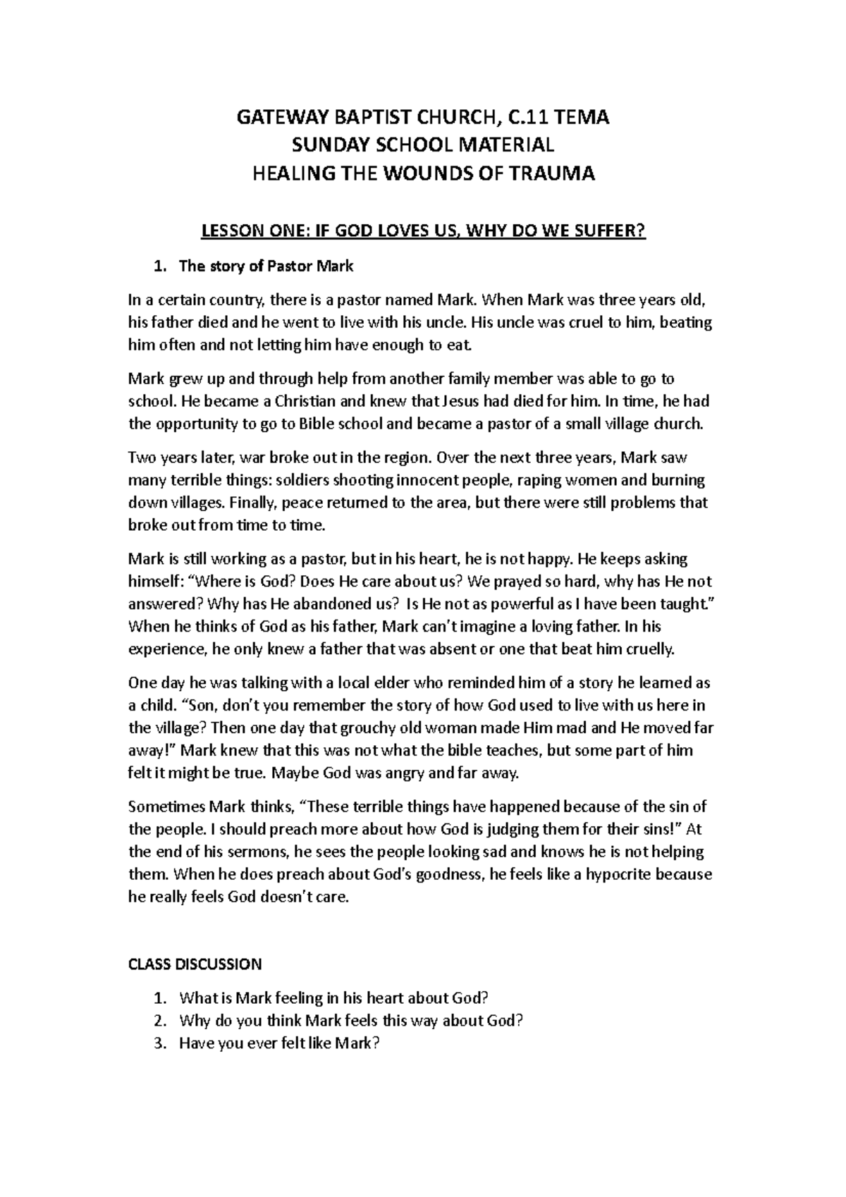 Story OF MARK - Study on the book of Mark - GATEWAY BAPTIST CHURCH, C ...