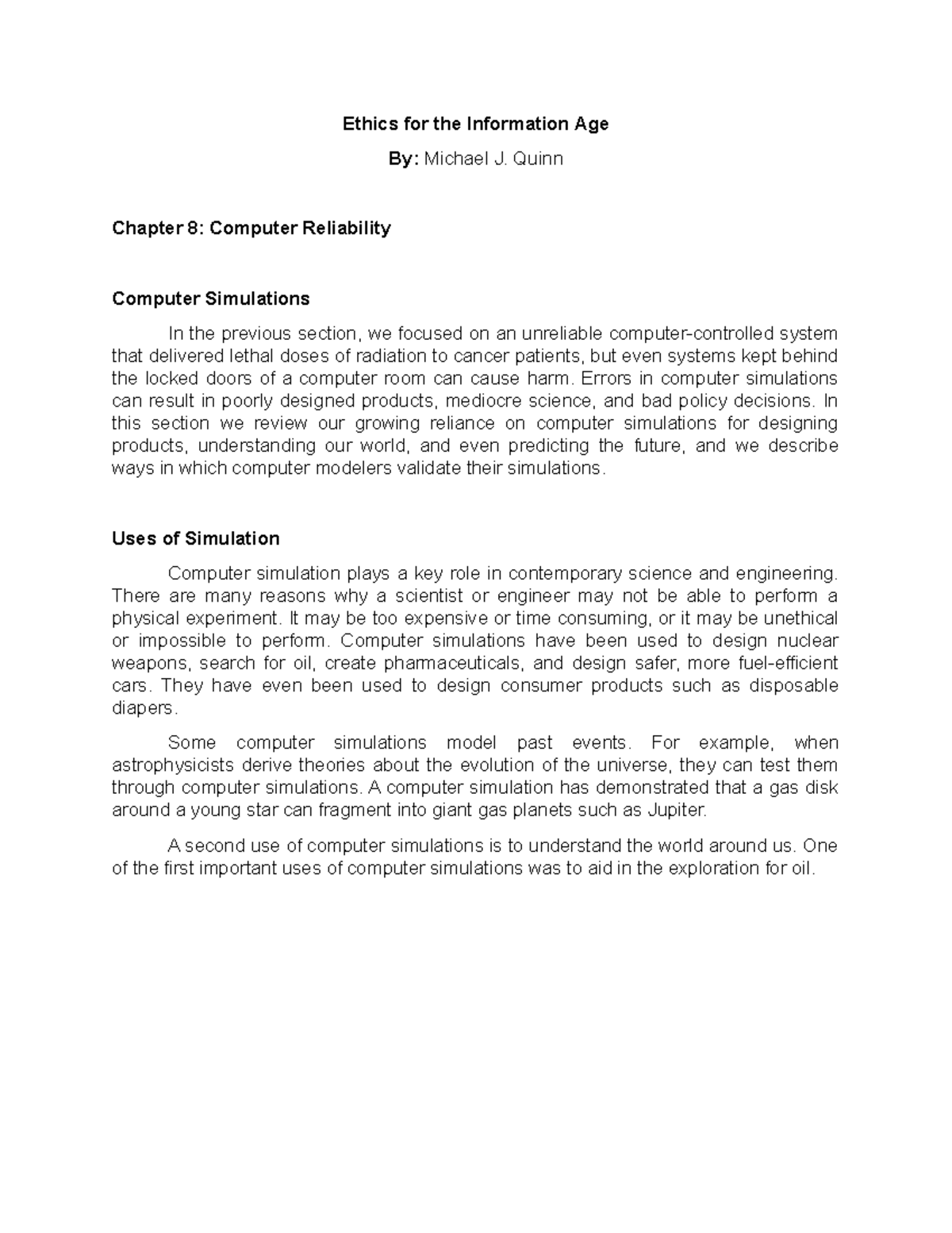 Computer Reliability Computer Simulations Chapter 8 - Ethics for the ...