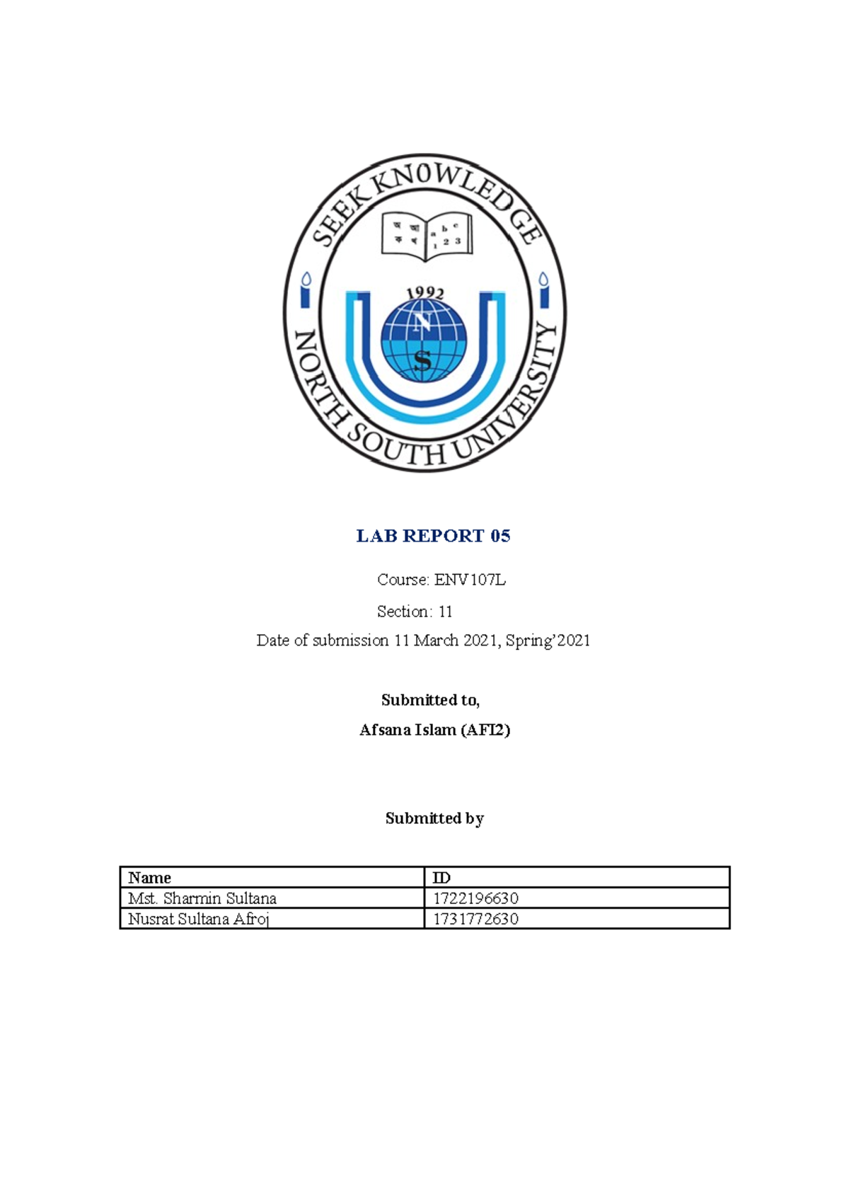environmental science lab - LAB REPORT 05 Course: ENV107L Section: 11 ...