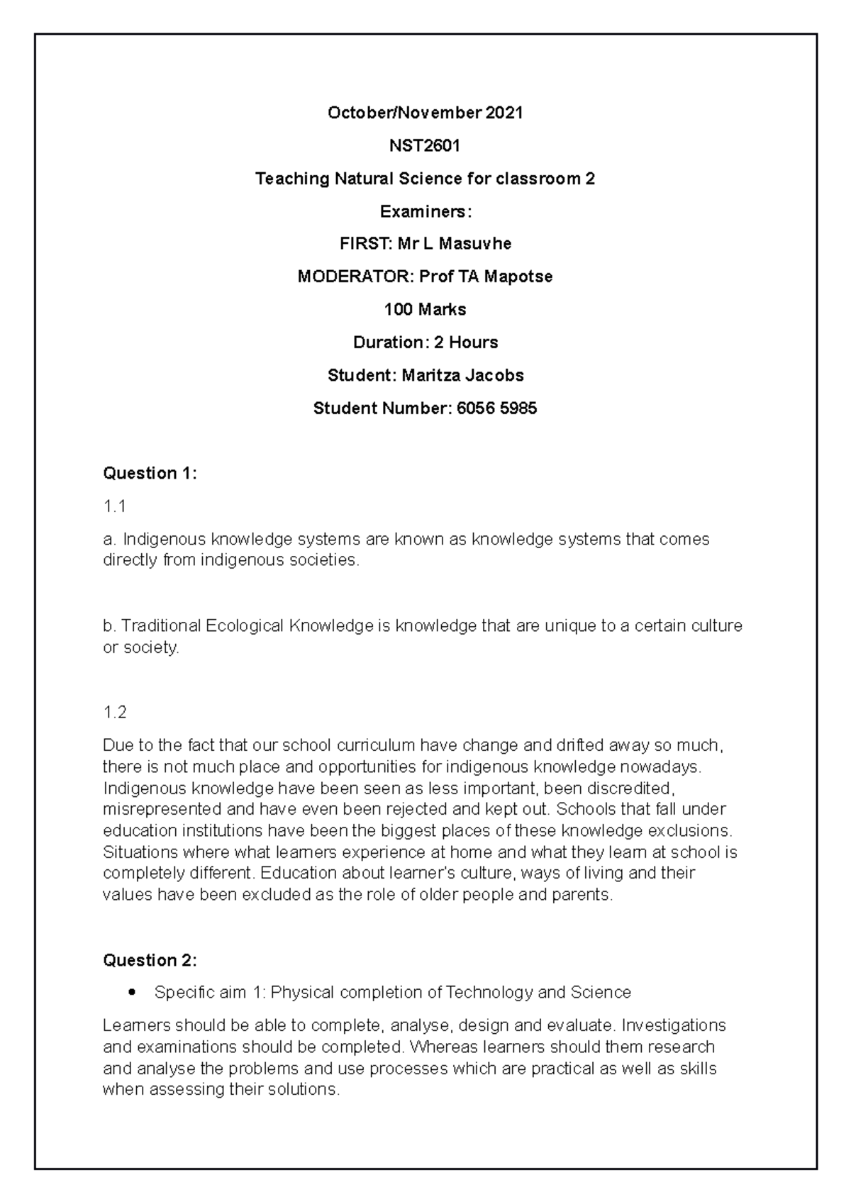 NST2601 Exam - erfe - October/November 2021 NST Teaching Natural ...