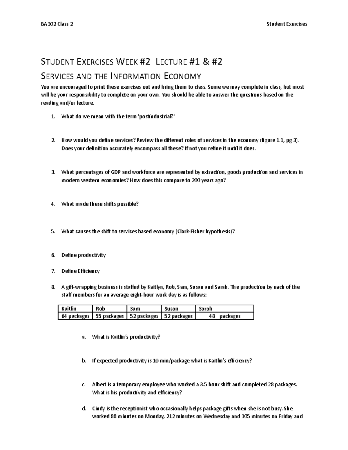 Stud Exer Week #3 Lect #1 & #2 - BA302 Class 2 Student Exercises ...
