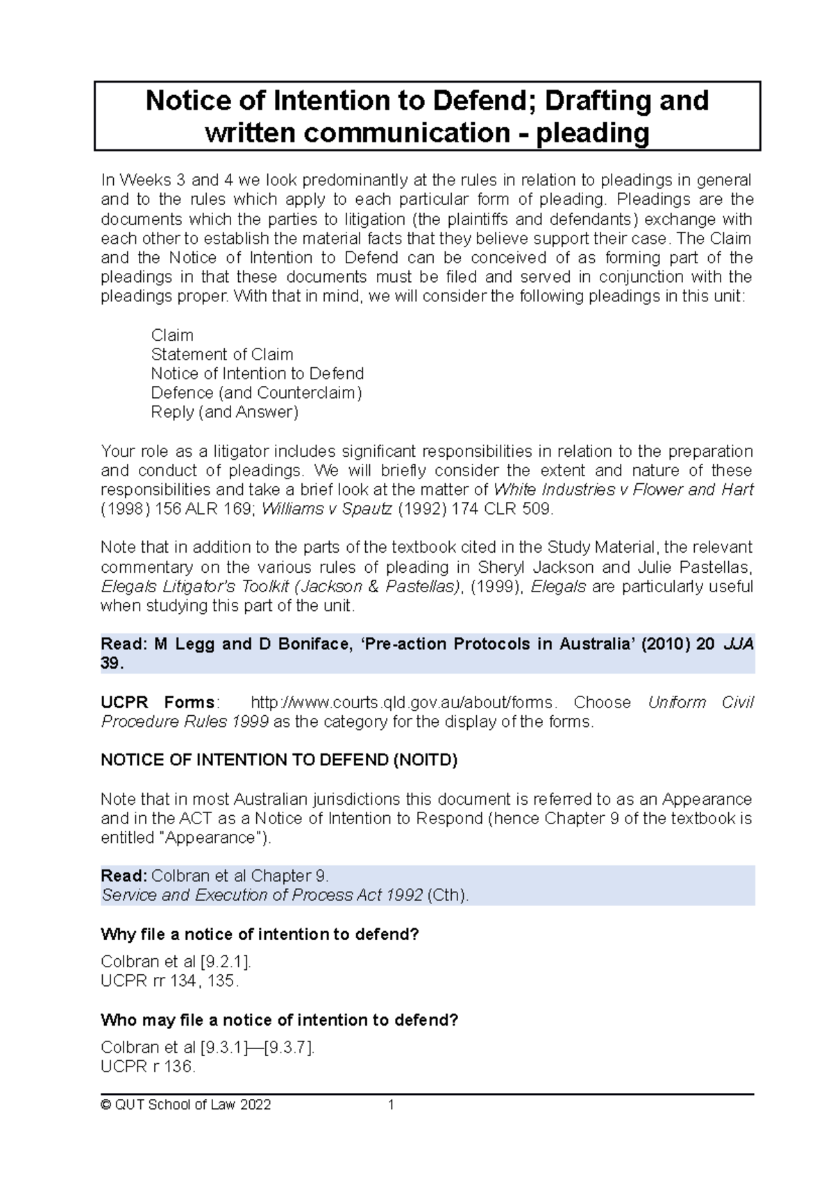 Noitd and Drafting - Course material - Notice of Intention to Defend ...