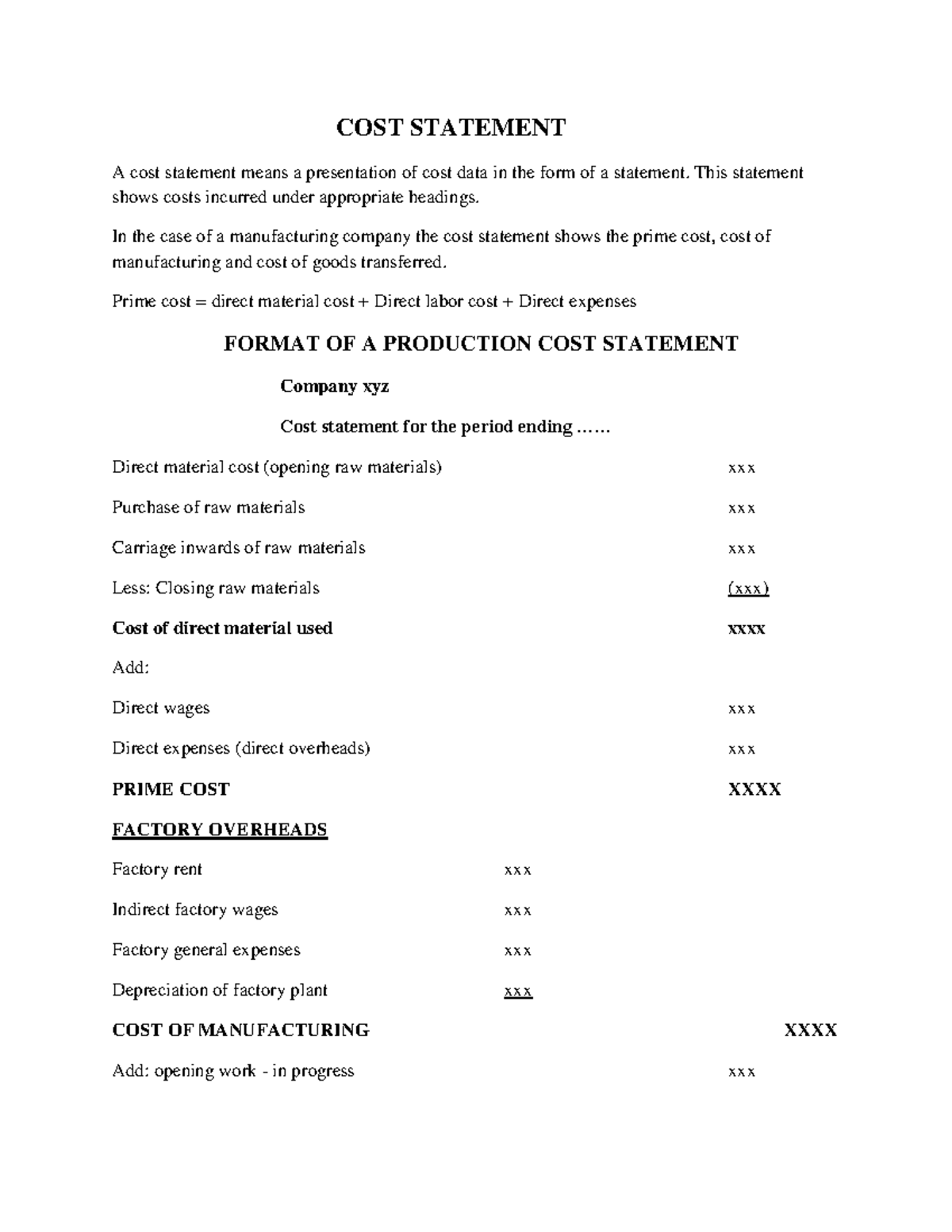 Business courses - COST STATEMENT A cost statement means a presentation ...