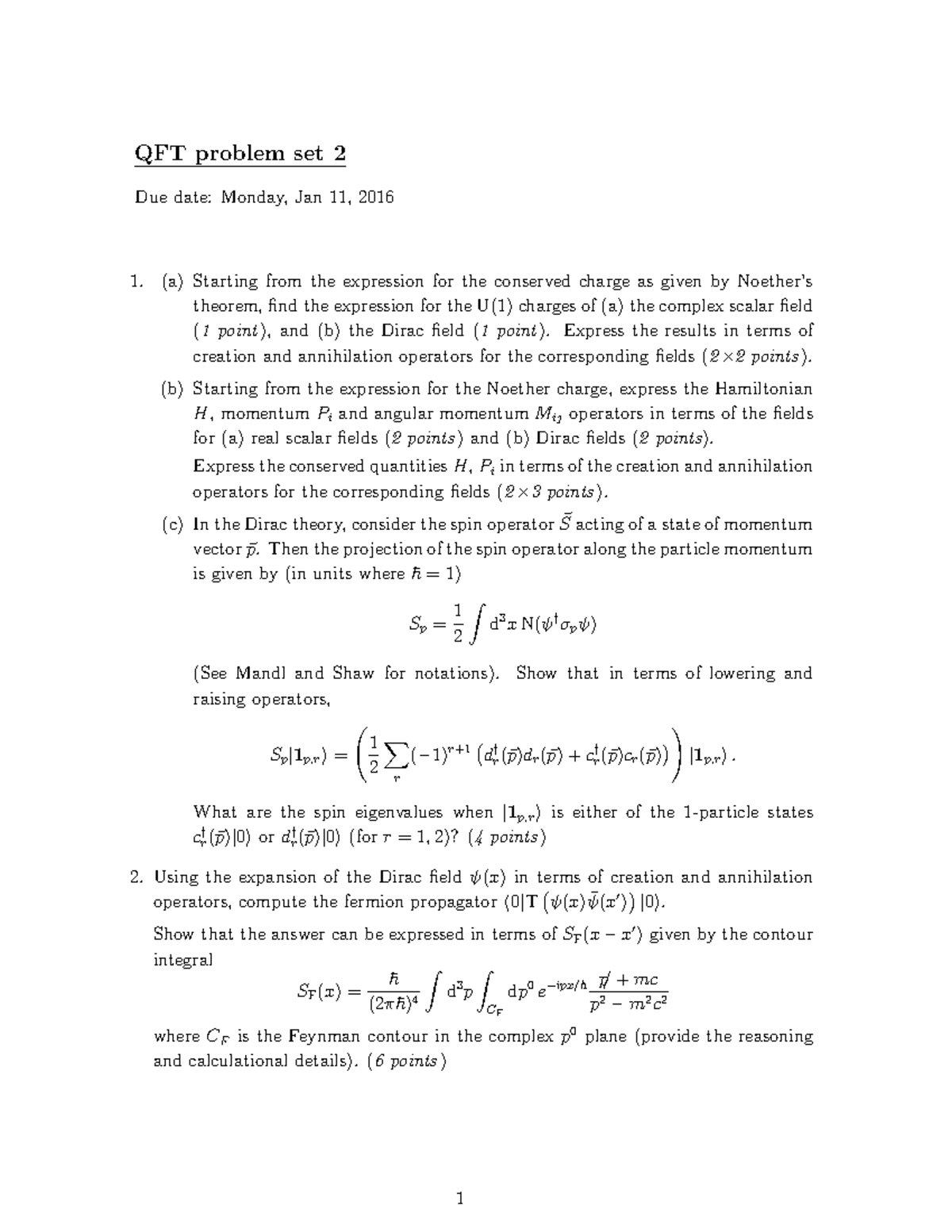 Seminar assignments - Qft problem set 2 - QFT problem set 2 Due date ...