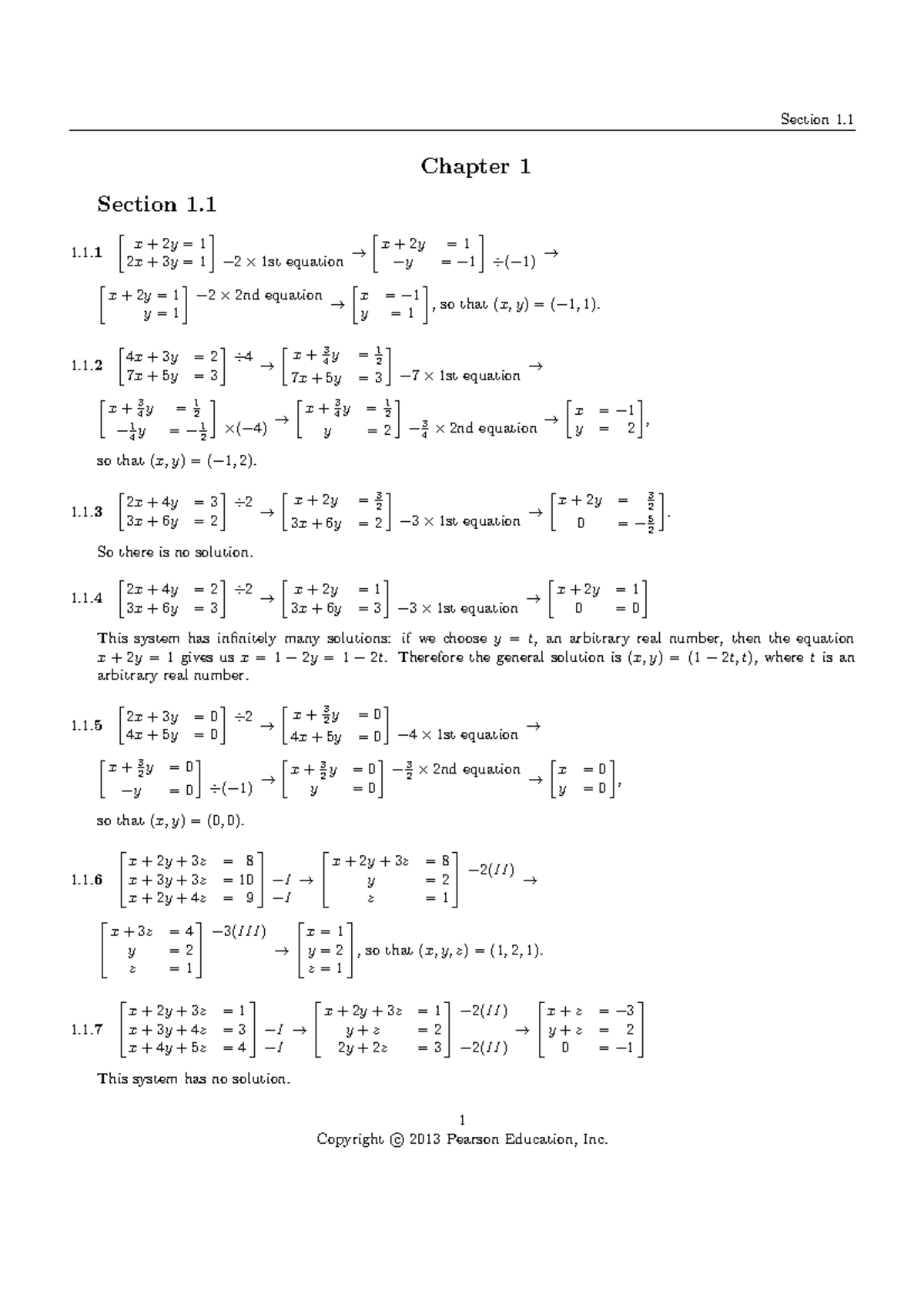 Instructor 5e ch1 final - Section 1. Chapter 1 Section 1. 1. 1 [ x+ 2y= 1 2 x+ 3y= 1 ] − 2 ×1st ...