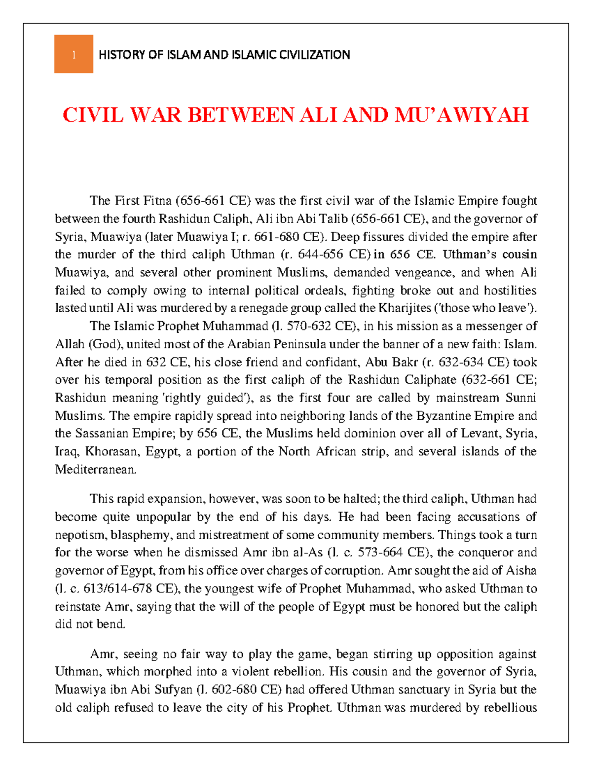 Civil war Between ALI and Mu’awiyah - CIVIL WAR BETWEEN ALI AND MU ...