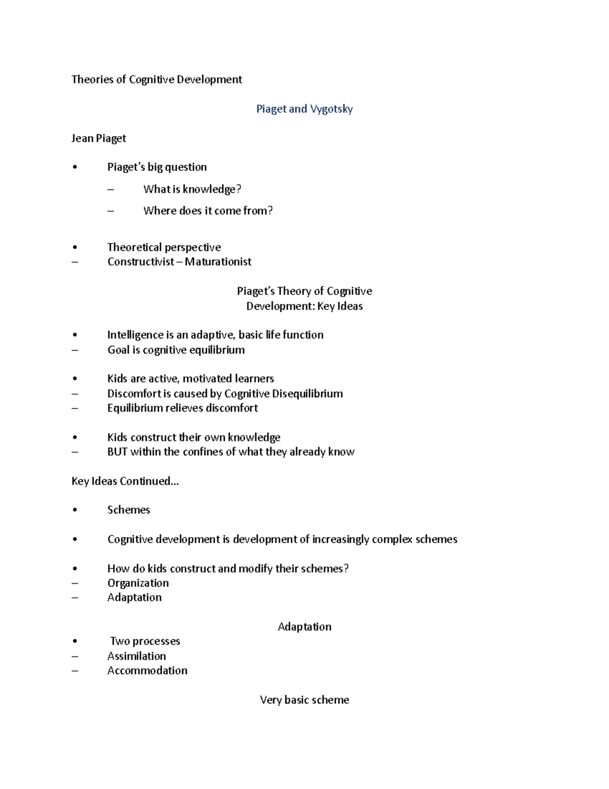 PSY TERM TEST 2 - notes - Theories of Cognitive Development Piaget and ...