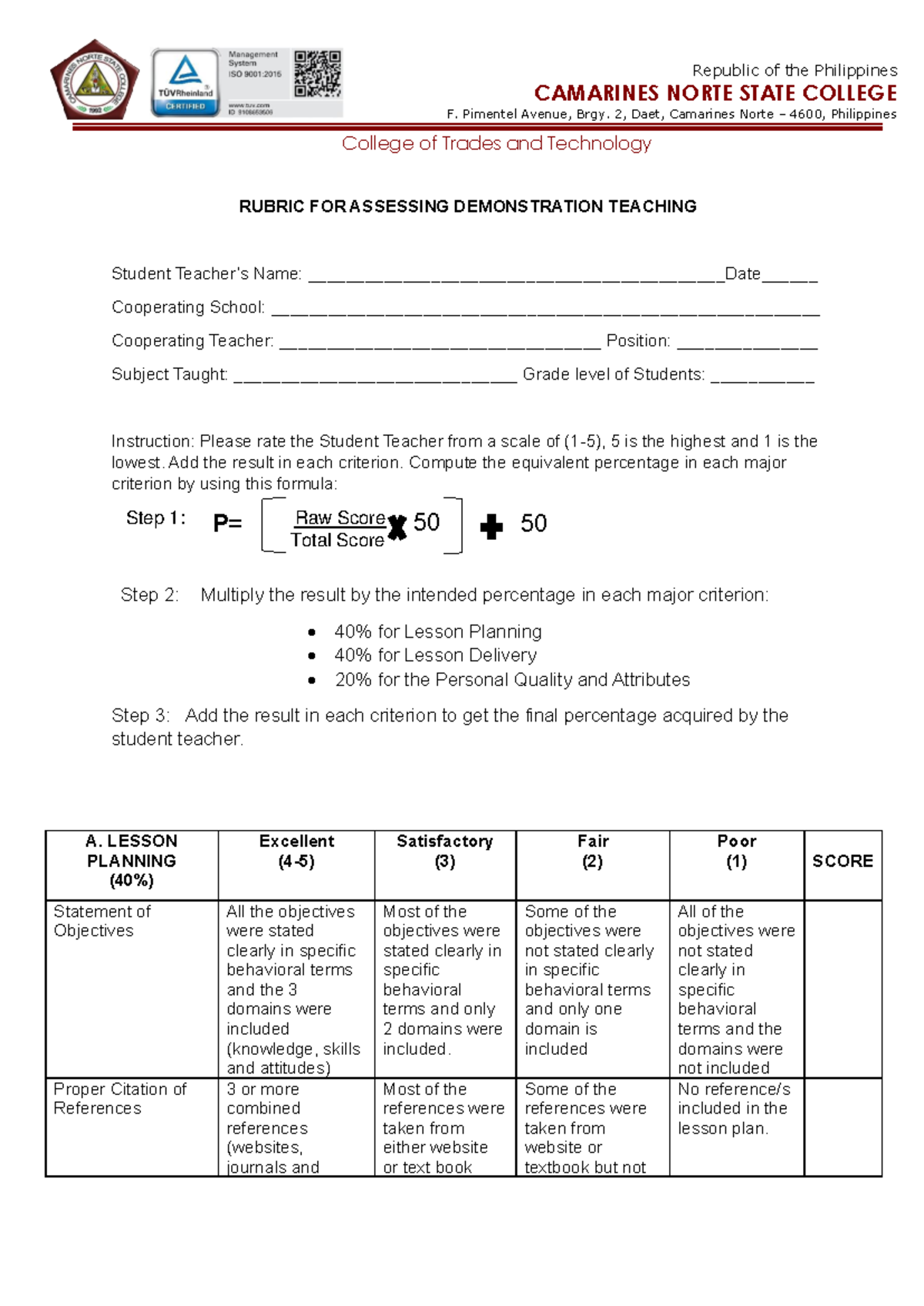 Rubric for Lesson Plan - CAMARINES NORTE STATE COLLEGE F. Pimentel ...