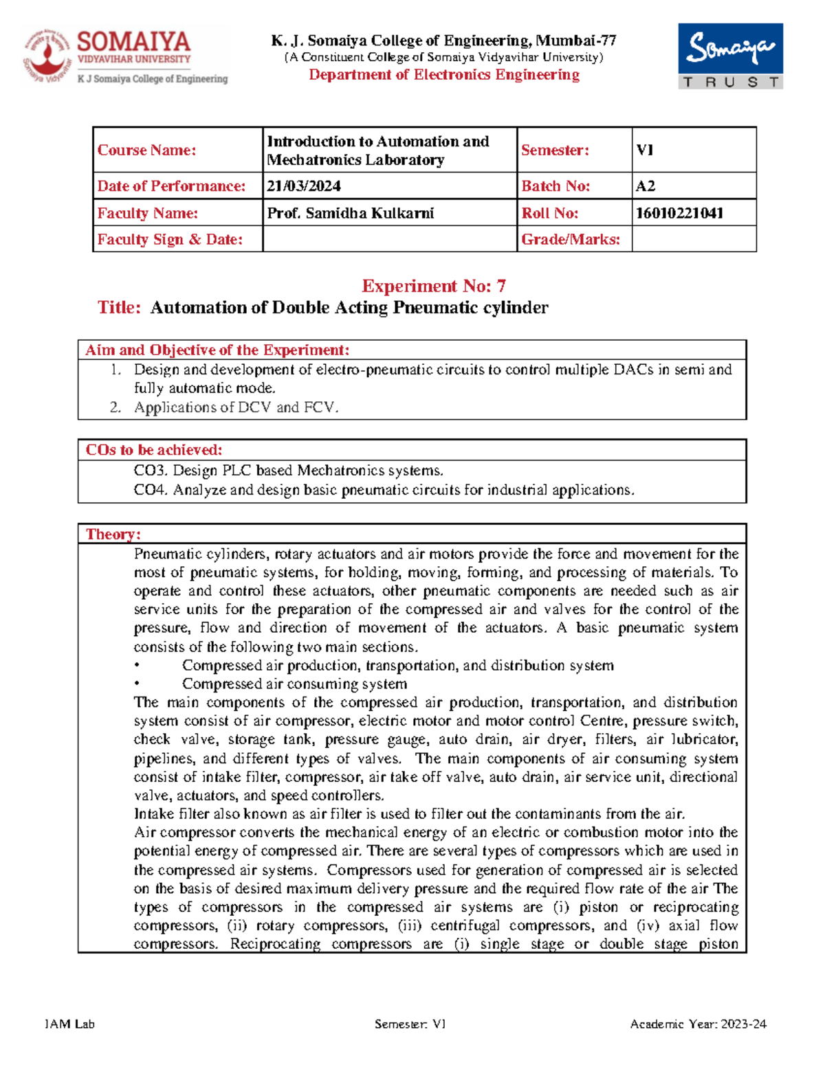 IAM Exp7 Pneumatic Multiple DAC Automation 16010221041 - (A Constituent College of Somaiya - Studocu