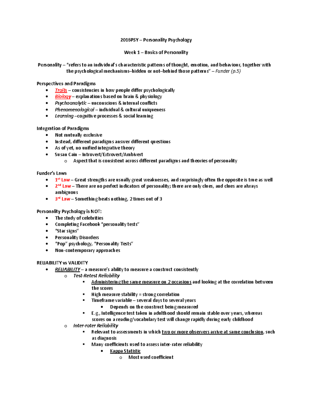 2016PSY Notes - Wks 1-5 - 2016PSY – Personality Psychology Week 1 ...