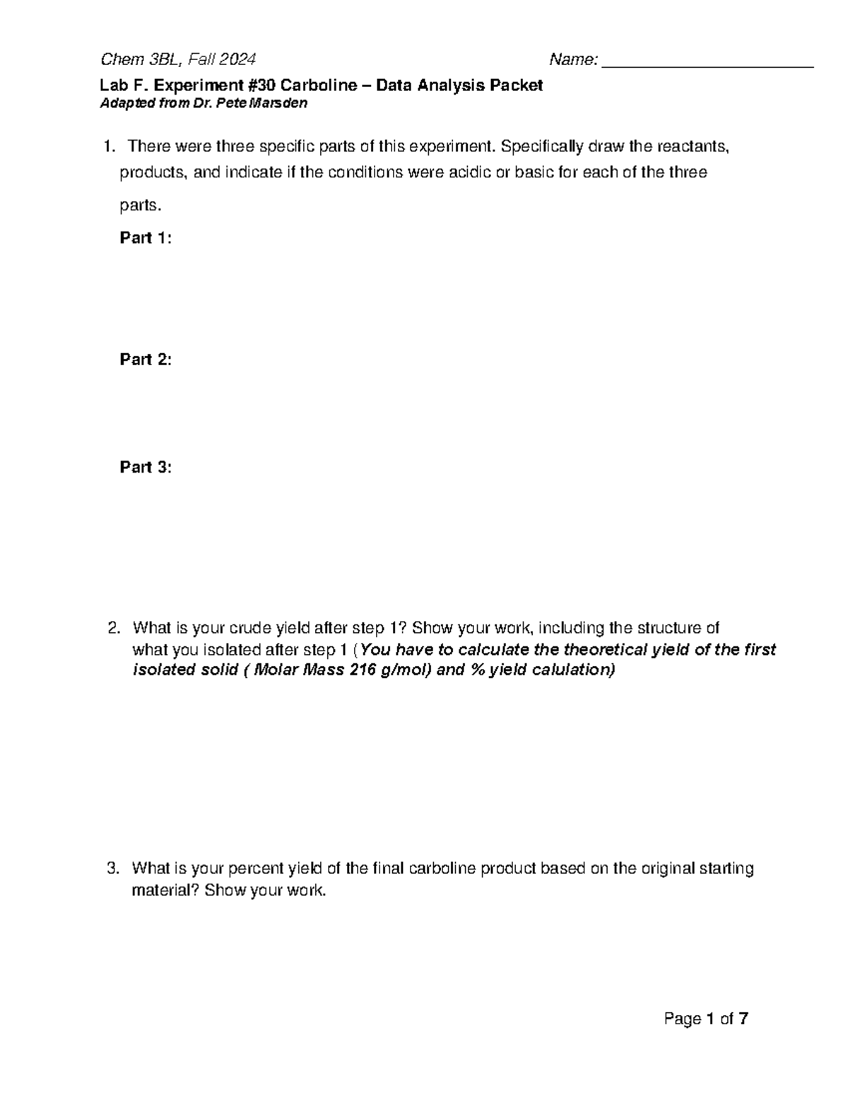 Lab F Data Anlalysis Exp 30 Carboline Chem 3BL Fall 2024 - Page 1 of 7 ...