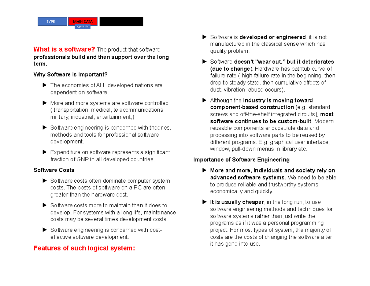 SE1-10 - SE chapter 3 - What is a software? The product that software ...