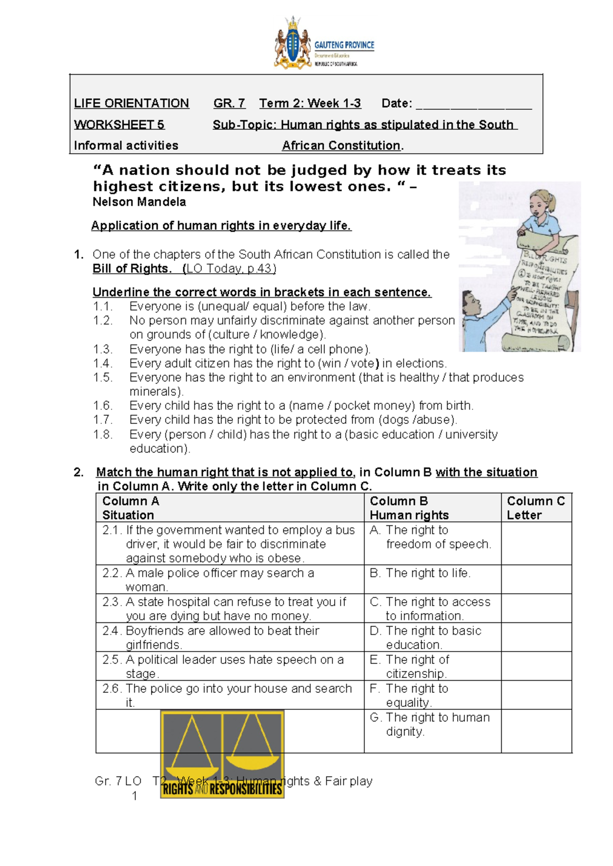 Gr. 7 T2 Week 1-3, Human rights & Fair play, Worksheet 5 - LIFE ORIENTATION GR. 7 Term 2: Week 1 ...