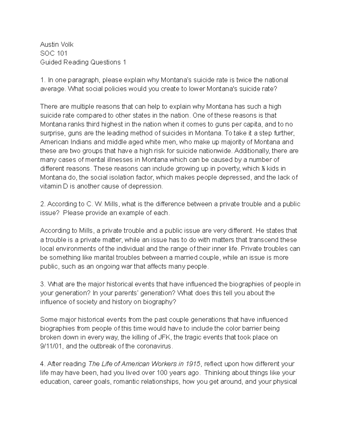 SOC 101 Guided Reading Questions 1 - Austin Volk SOC 101 Guided Reading ...