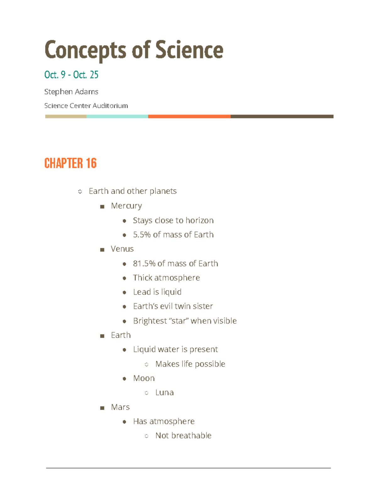 SCMH Chapters 16 - 19 - Concepts of Science Oct. 9 - Oct. 25 Stephen ...