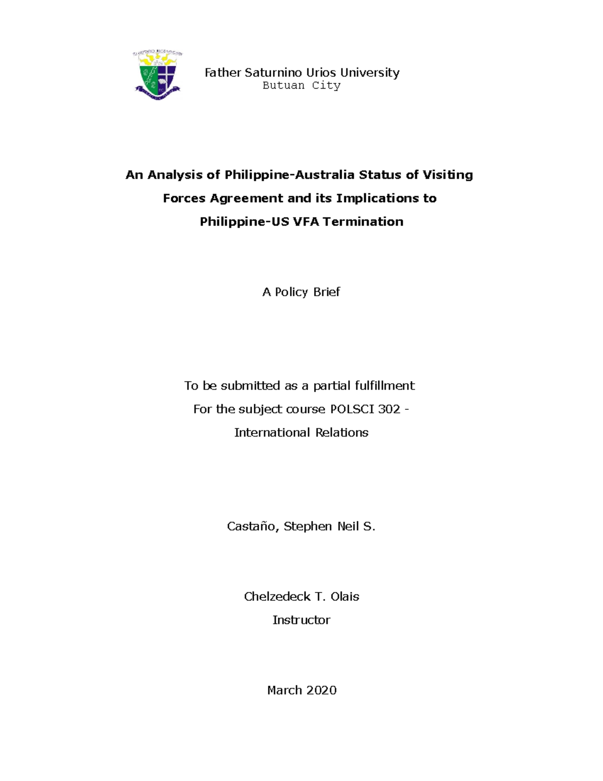 Policy brief final - International Relations - Father Saturnino Urios ...