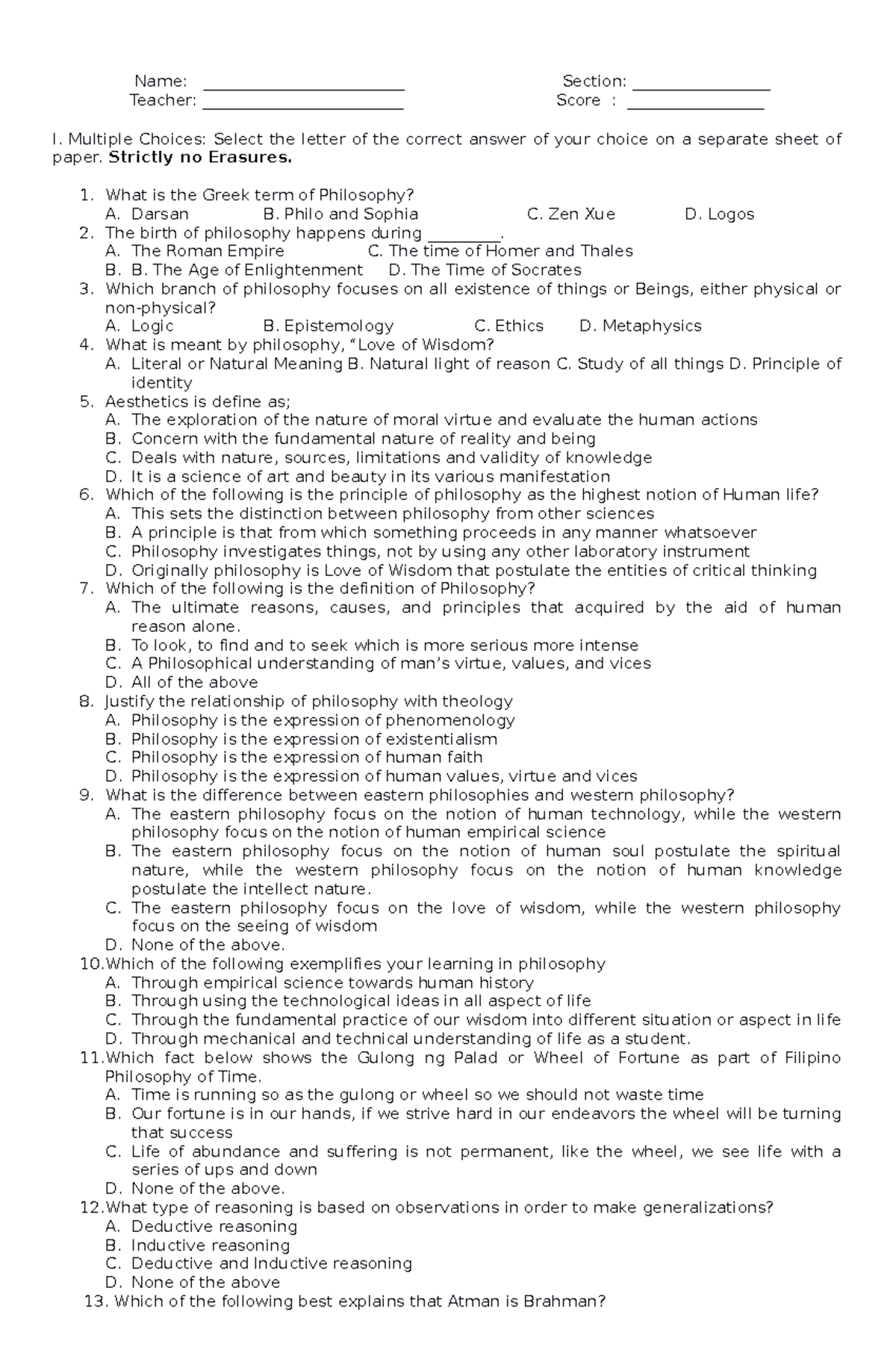 First Summative TEST - Name: _________________________ Section ...