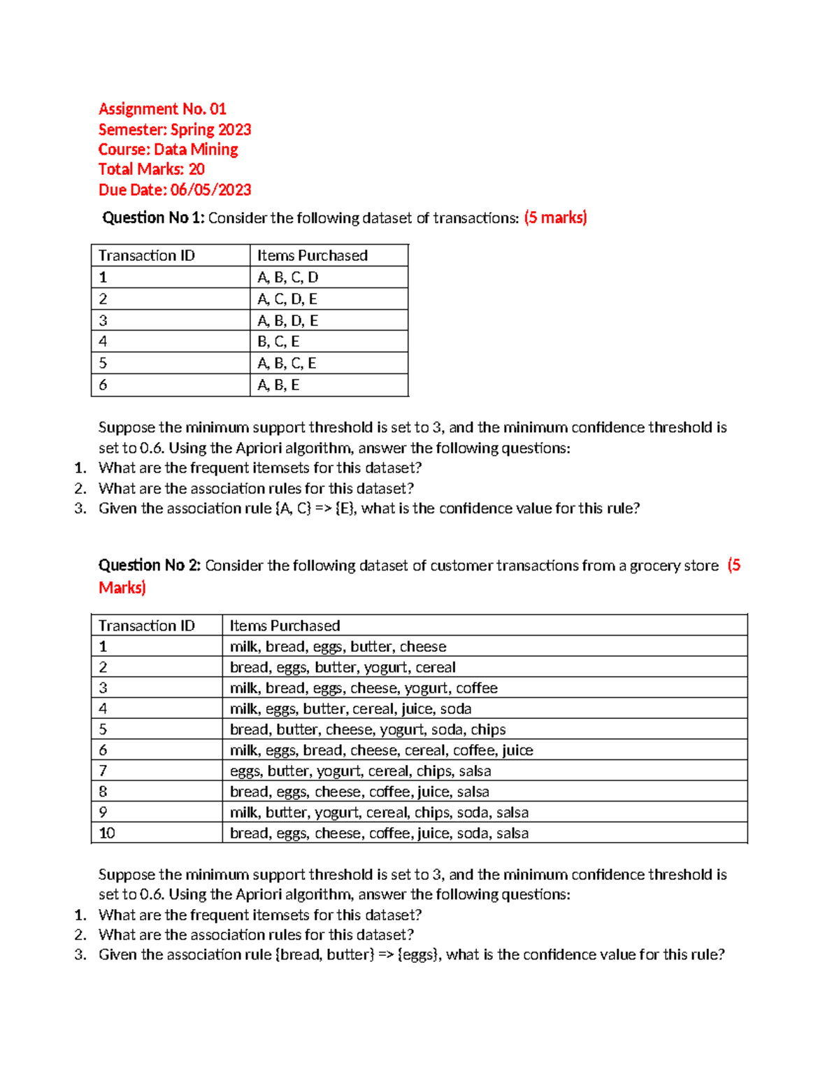 Assignment No 1 - Questions on topics - Assignment No. 01 Semester: Spring 2023 Course: Data ...