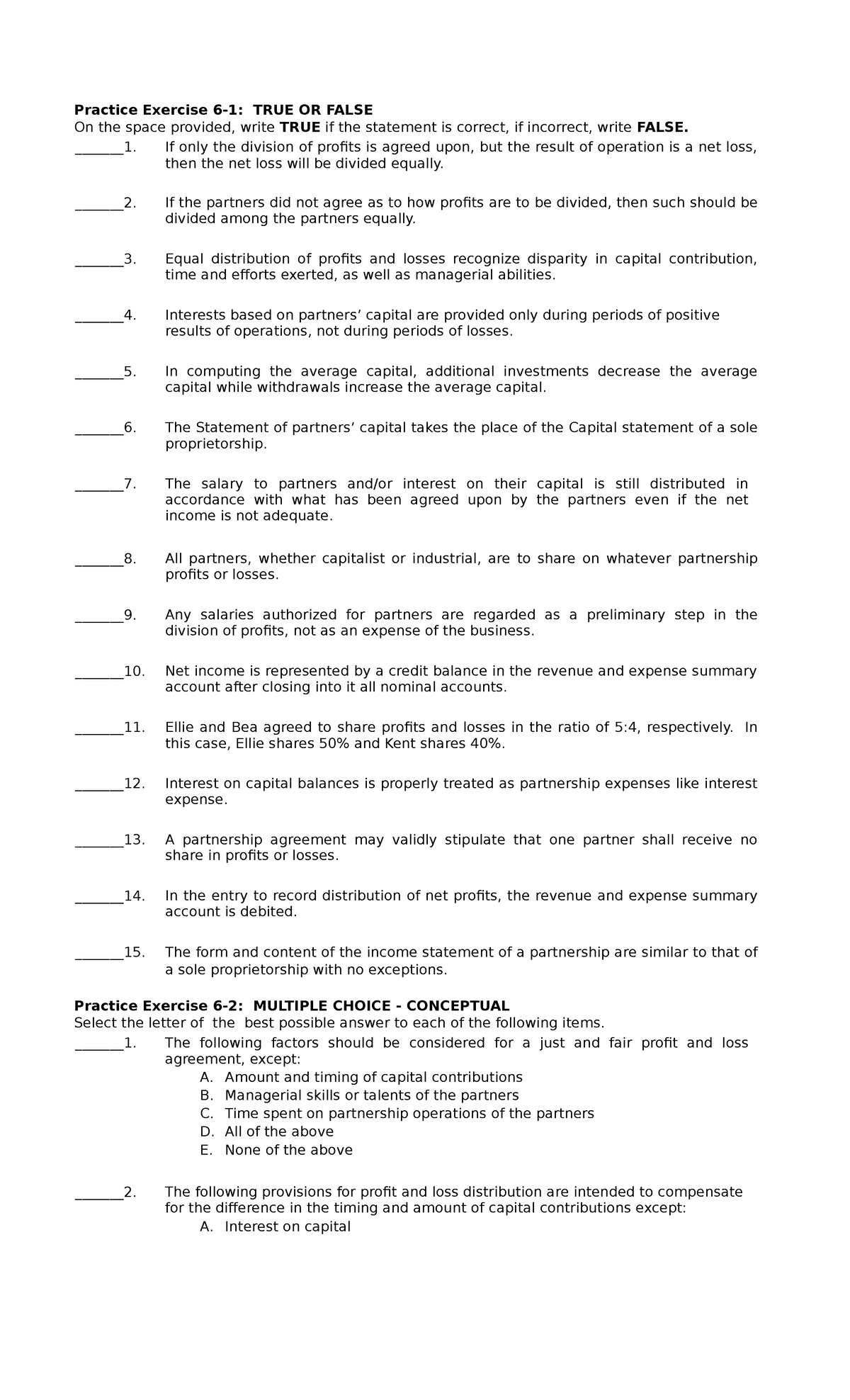 Practice Exercise 6 Partnership operation - Practice Exercise 6-1: TRUE ...