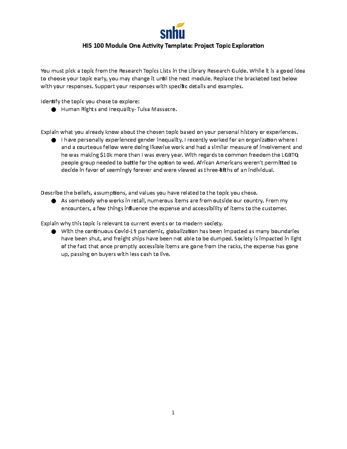 HIS 100 Module One Activity Template - While it is a good idea to ...