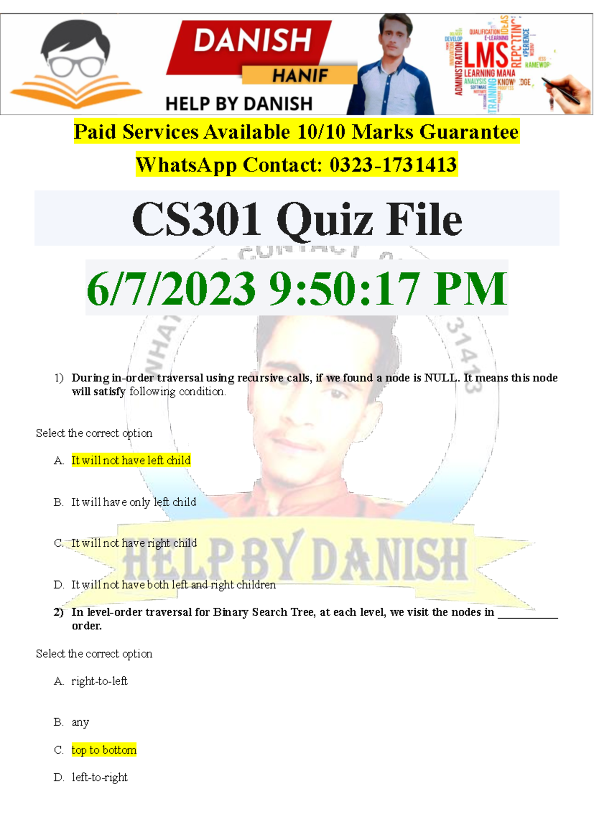 CS301 Midterm Latest Quizes 2023 By Danish Hanif - Paid Services ...