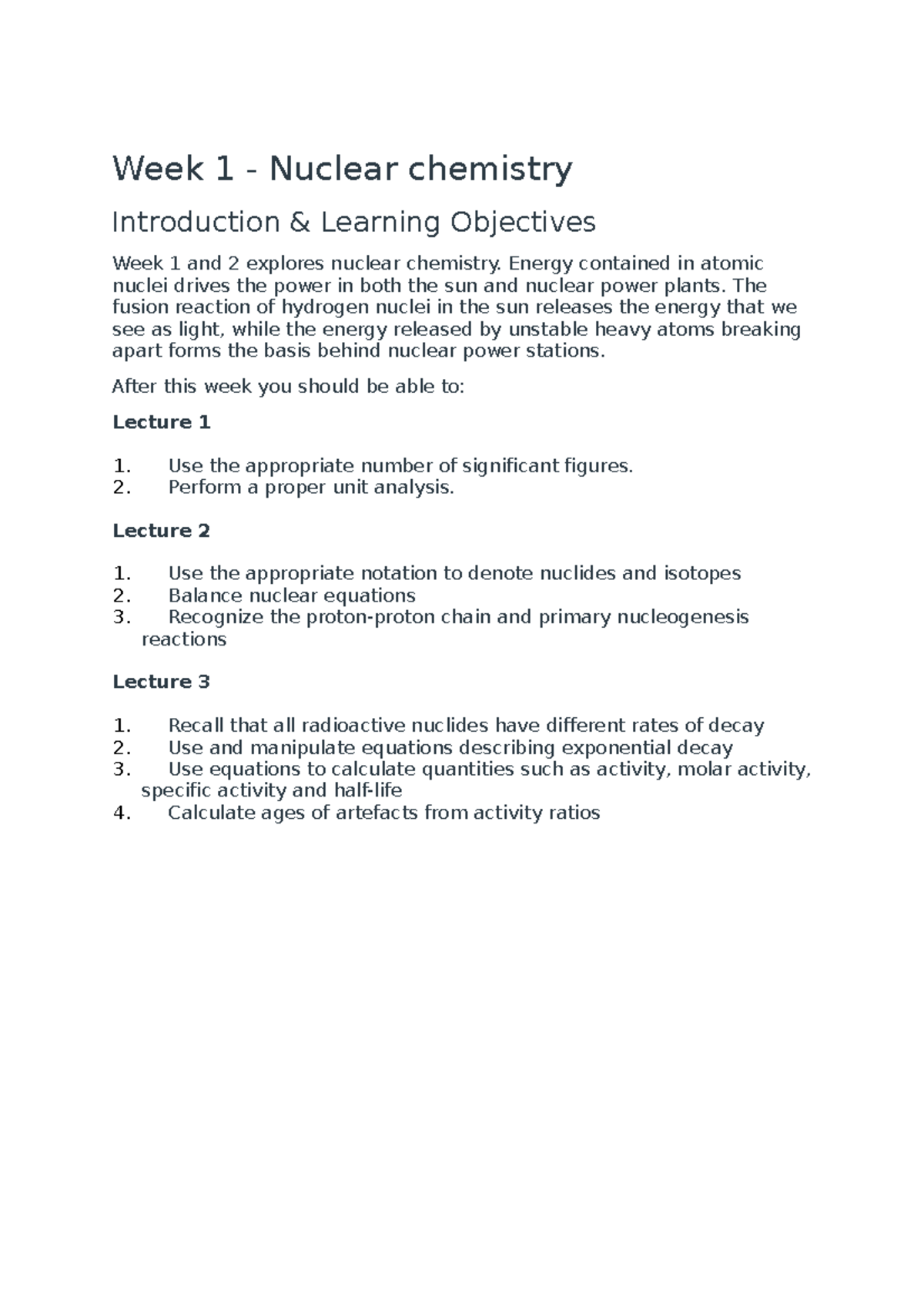 Learning Objectives - Week 1 - Nuclear chemistry Introduction ...