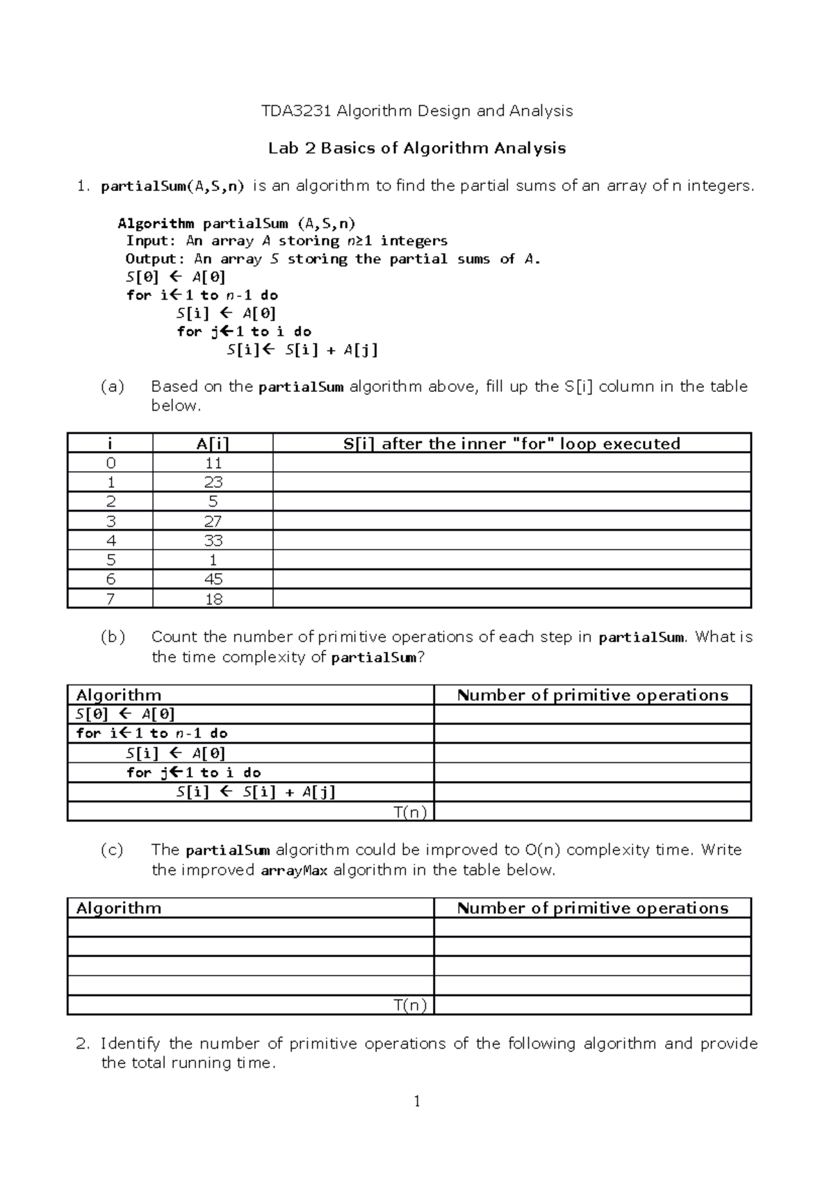 Lab02 Basics Of Algorithm Analysis TDA3231 Algorithm Design And