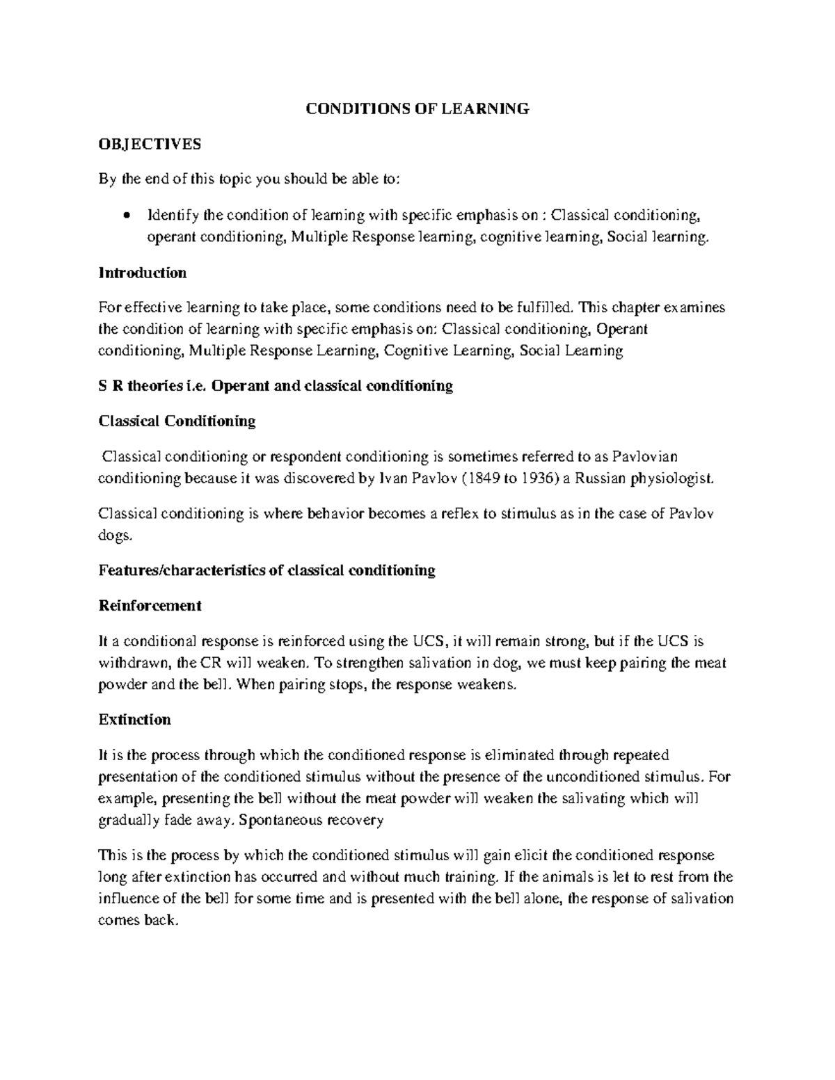 Conditions OF Learning - CONDITIONS OF LEARNING OBJECTIVES By the end ...