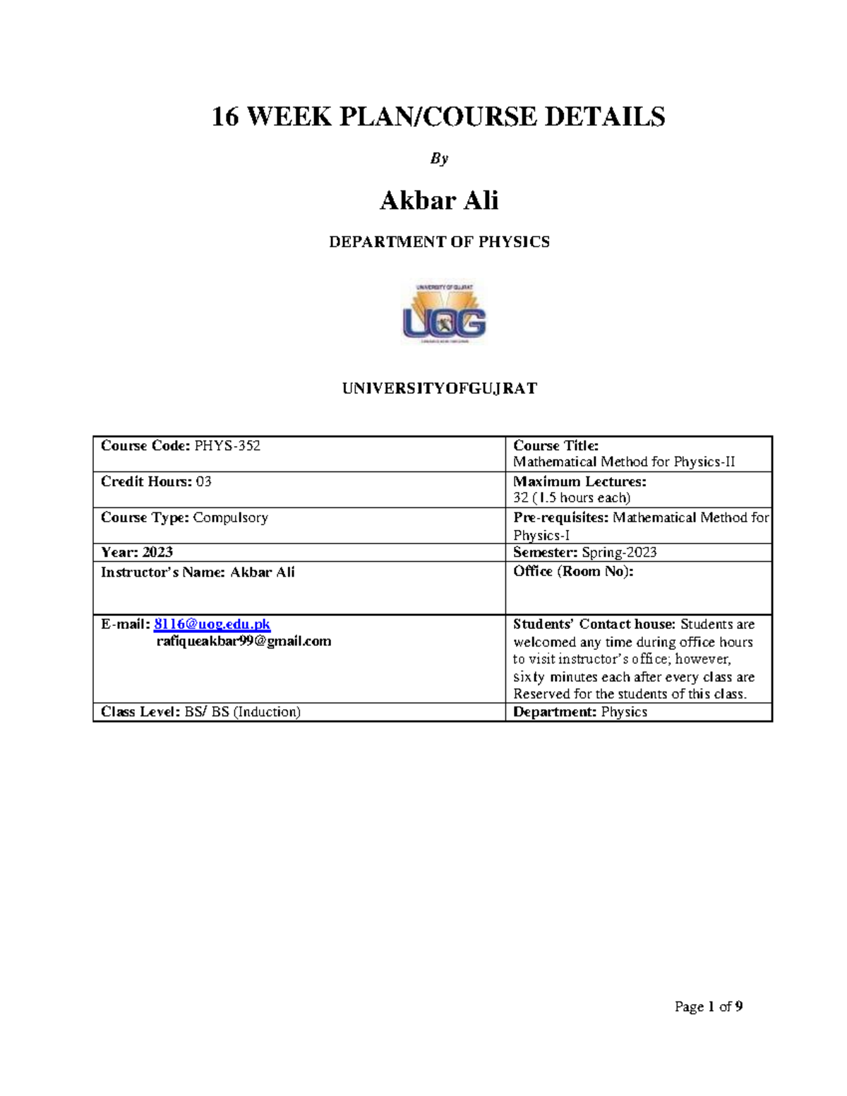 PHYS-352-MMP-II-16 week plan - 16 WEEK PLAN/COURSE DETAILS By Akbar Ali ...