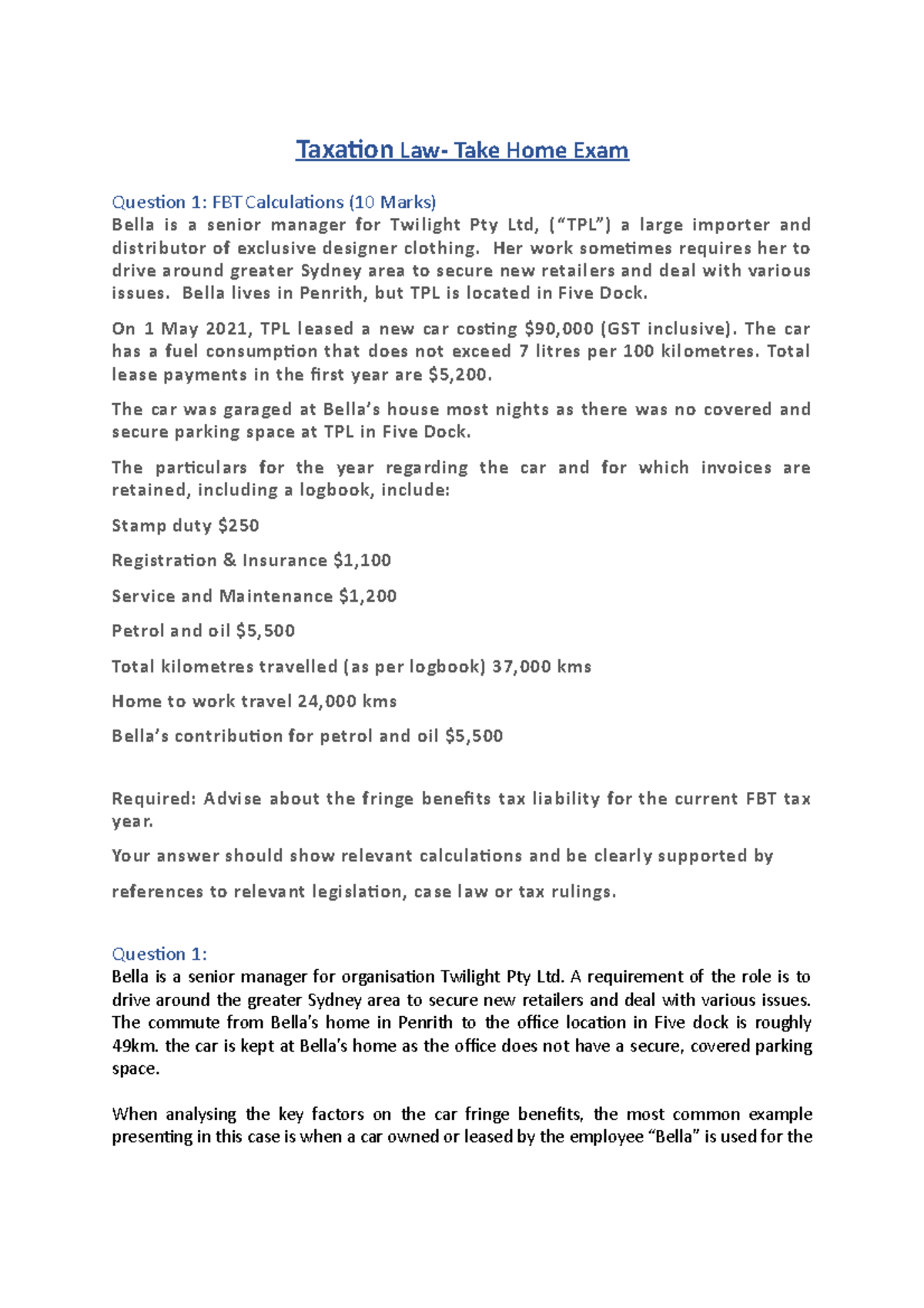 Taxation Law THdocx Take Home Taxation Law Take Home Exam Question