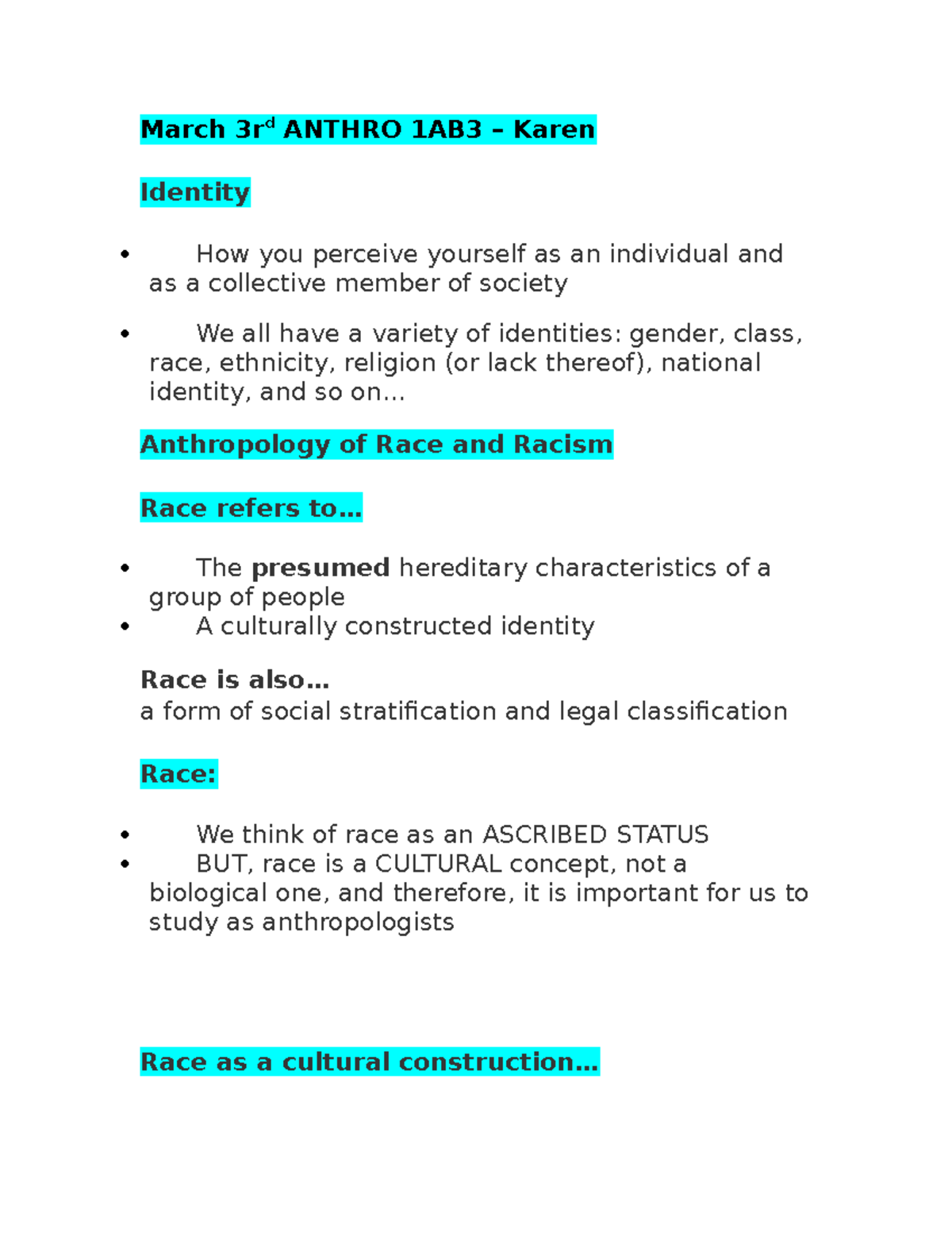 Anthro 1AB3 - Race and Identity Notes - March 3rd ANTHRO 1AB3 – Karen ...